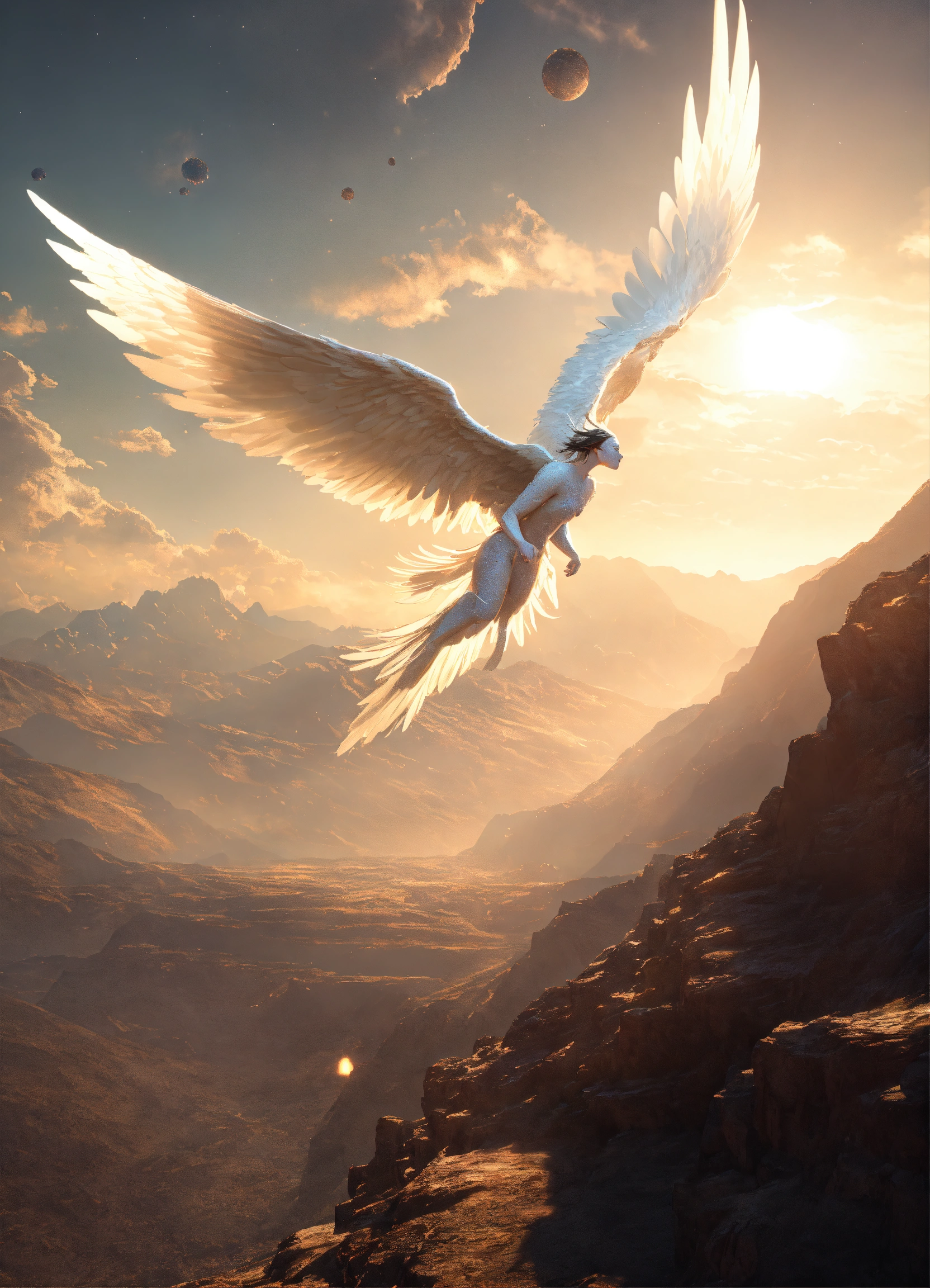 Lexica - A archangel Michael black hair in white dress flying in sky ...