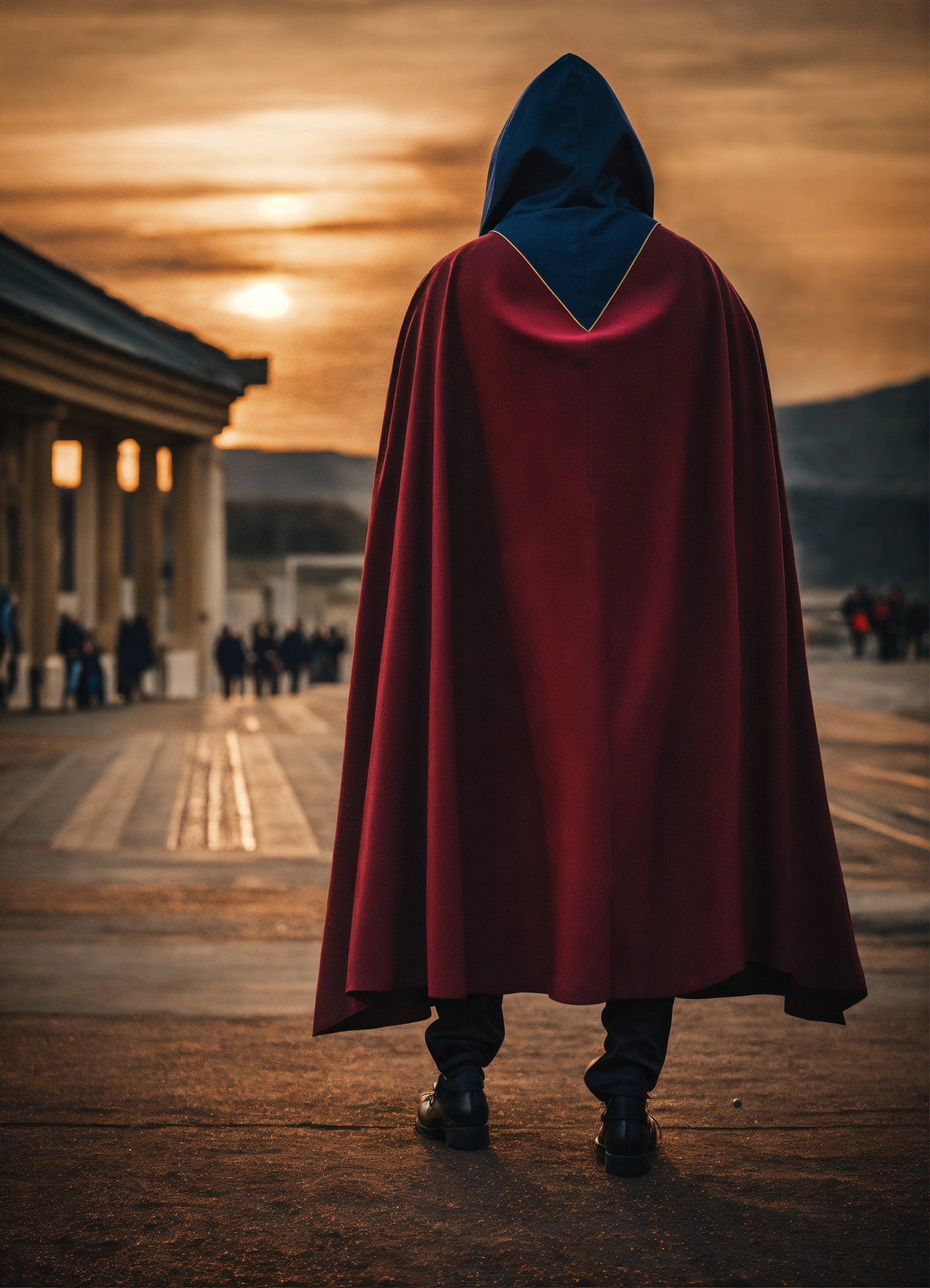 Lexica - Un personnel de dos avec une grande cape à capuche