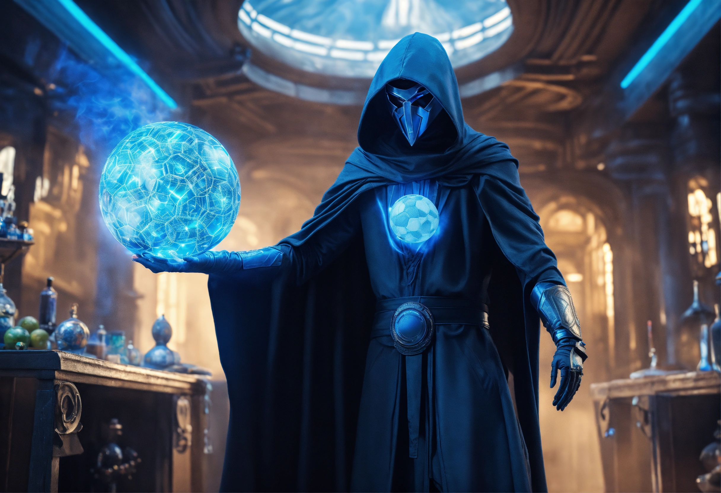 Lexica - A black and blue cloaked masked wizard casting a spell, soccer ...