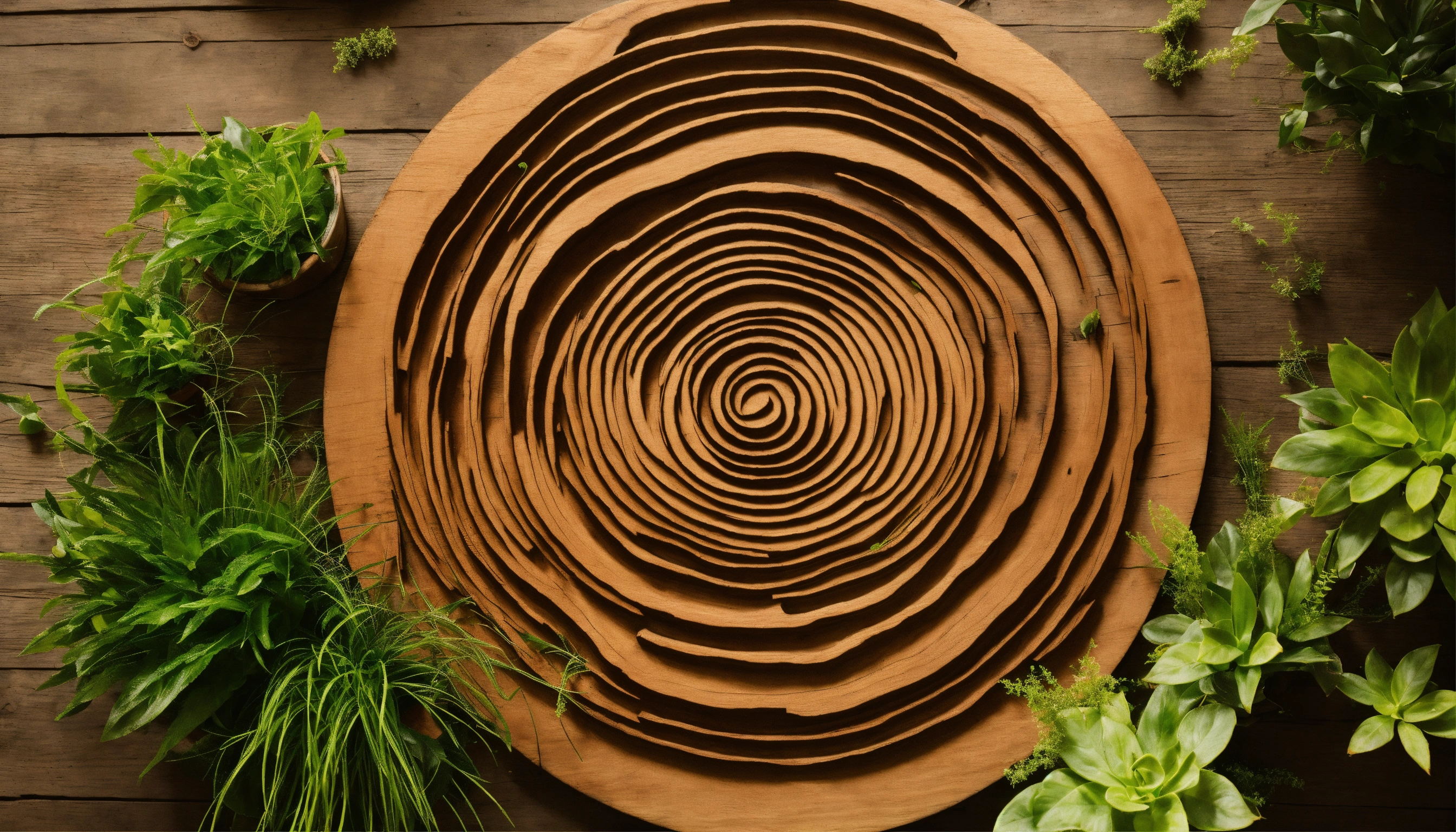 Lexica - Conceptual art concentric circles on wood surrounded by plants ...
