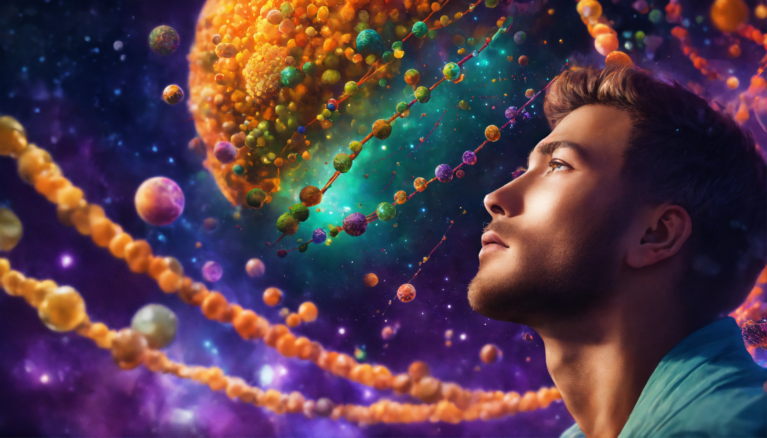 Lexica - Well built man looking up, dna strands floating in the ...