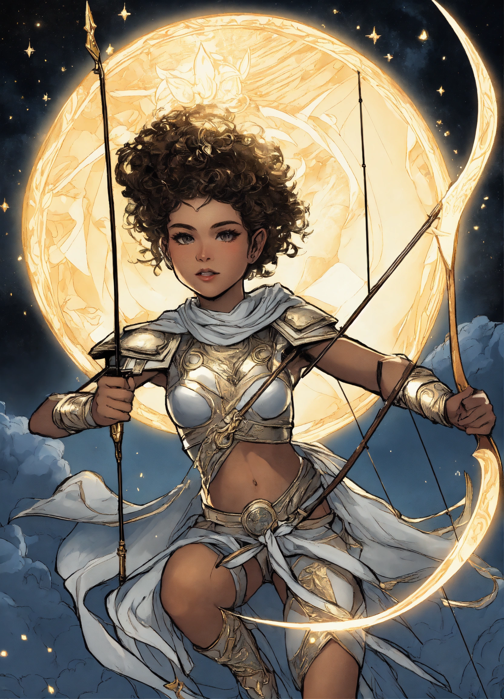 Lexica - An enigmatic celestial Halfling Goddess of the Hunt, Luck, and Archery, holding a ...