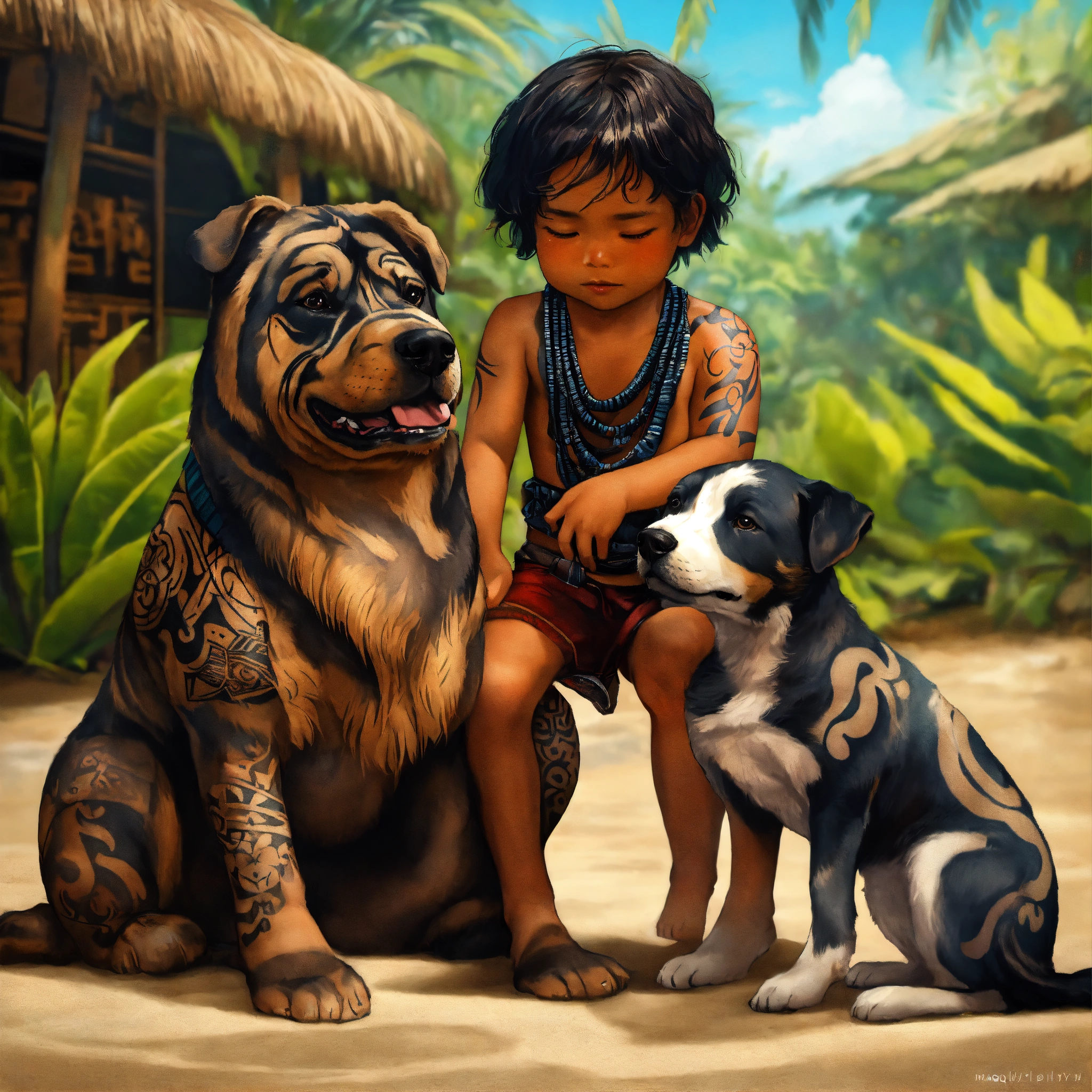 Lexica - Tahitian child playing with dog. Marquesan tattoo. Hyperealistic