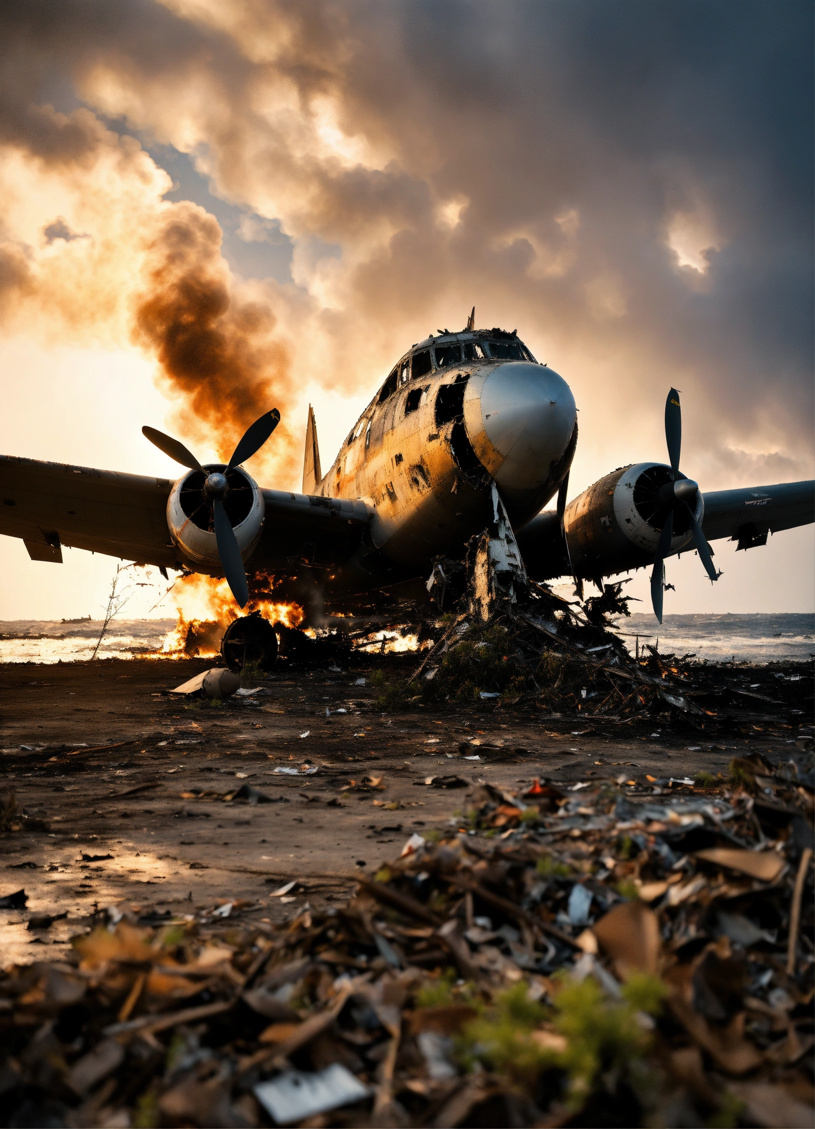 Lexica - "Smoking wreckage of a US military plane from World War II ...