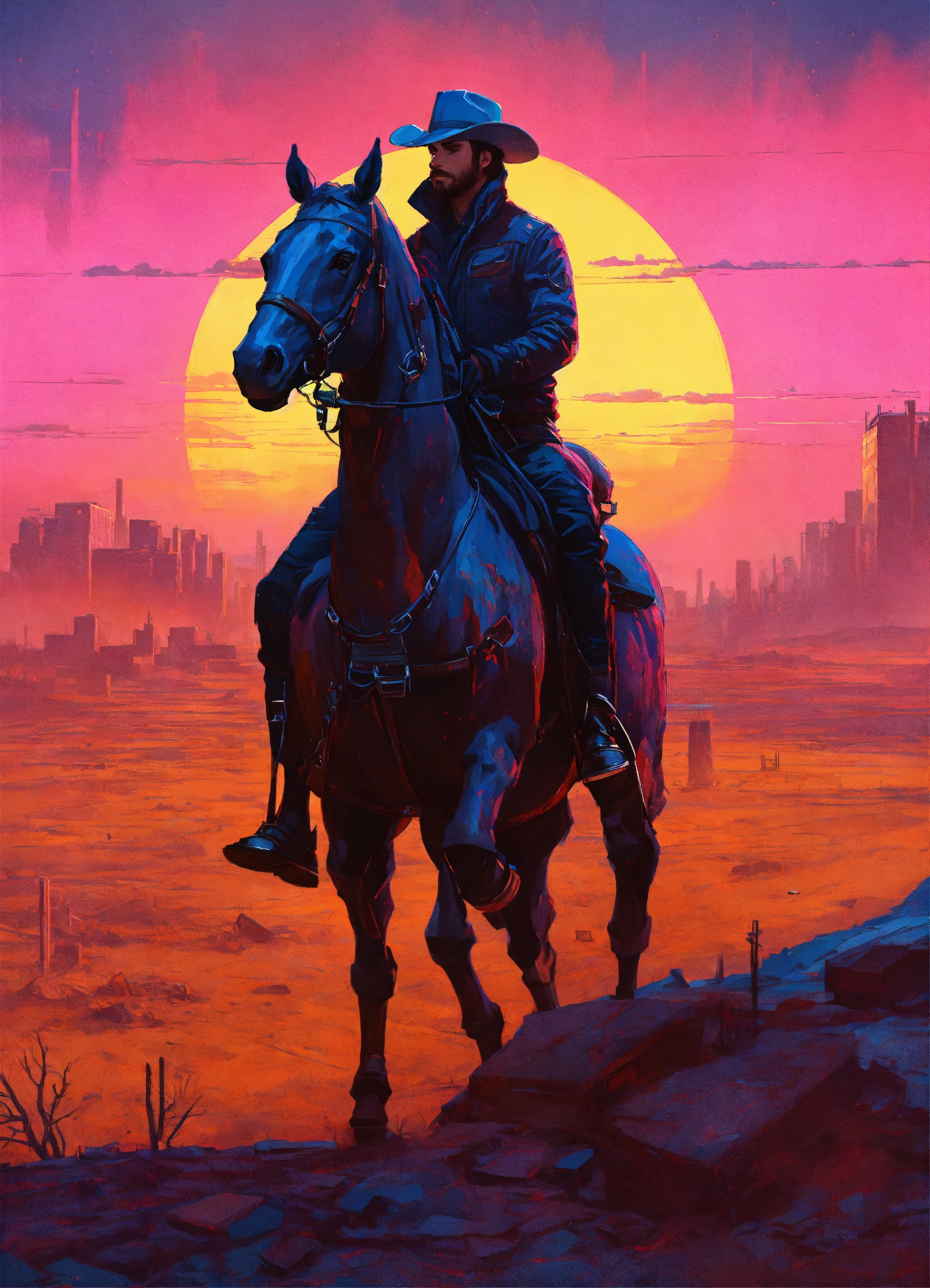 Lexica - A futuristic cowboy riding a horse. the scene is set in blade ...