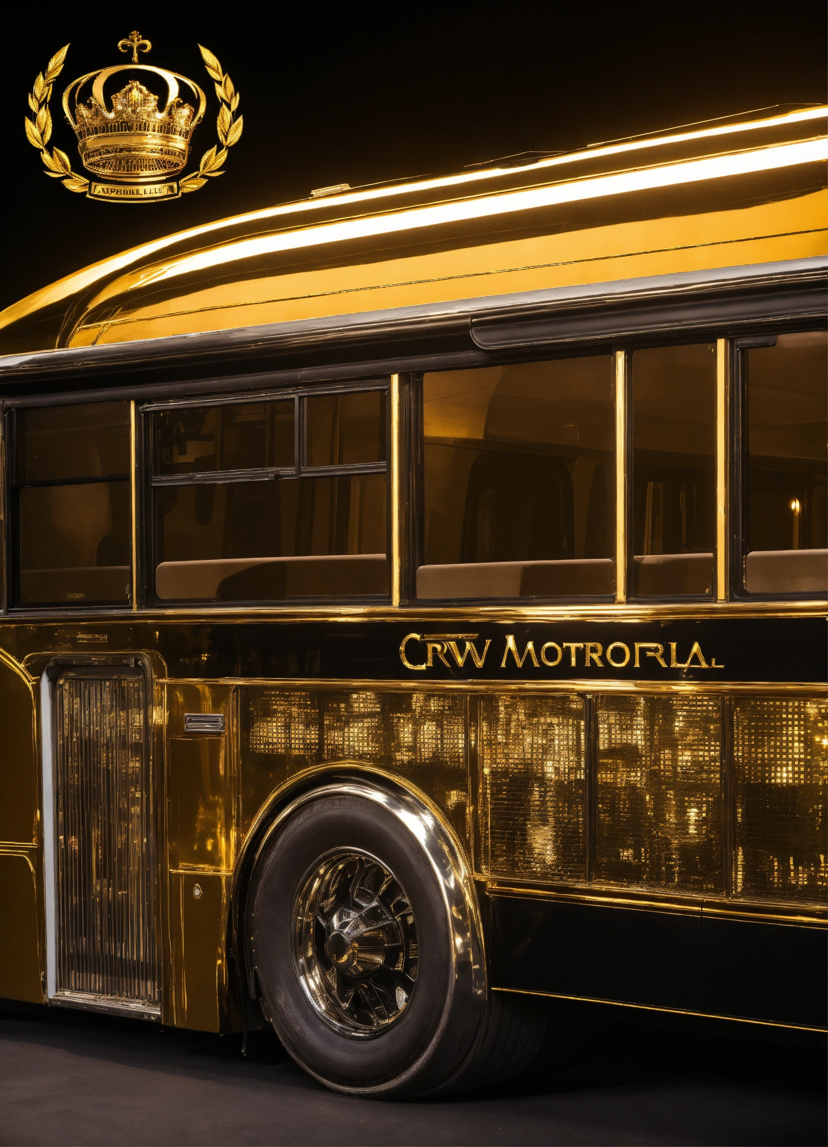 Lexica - Image of a bus future, crown,black background, lots of gold ...