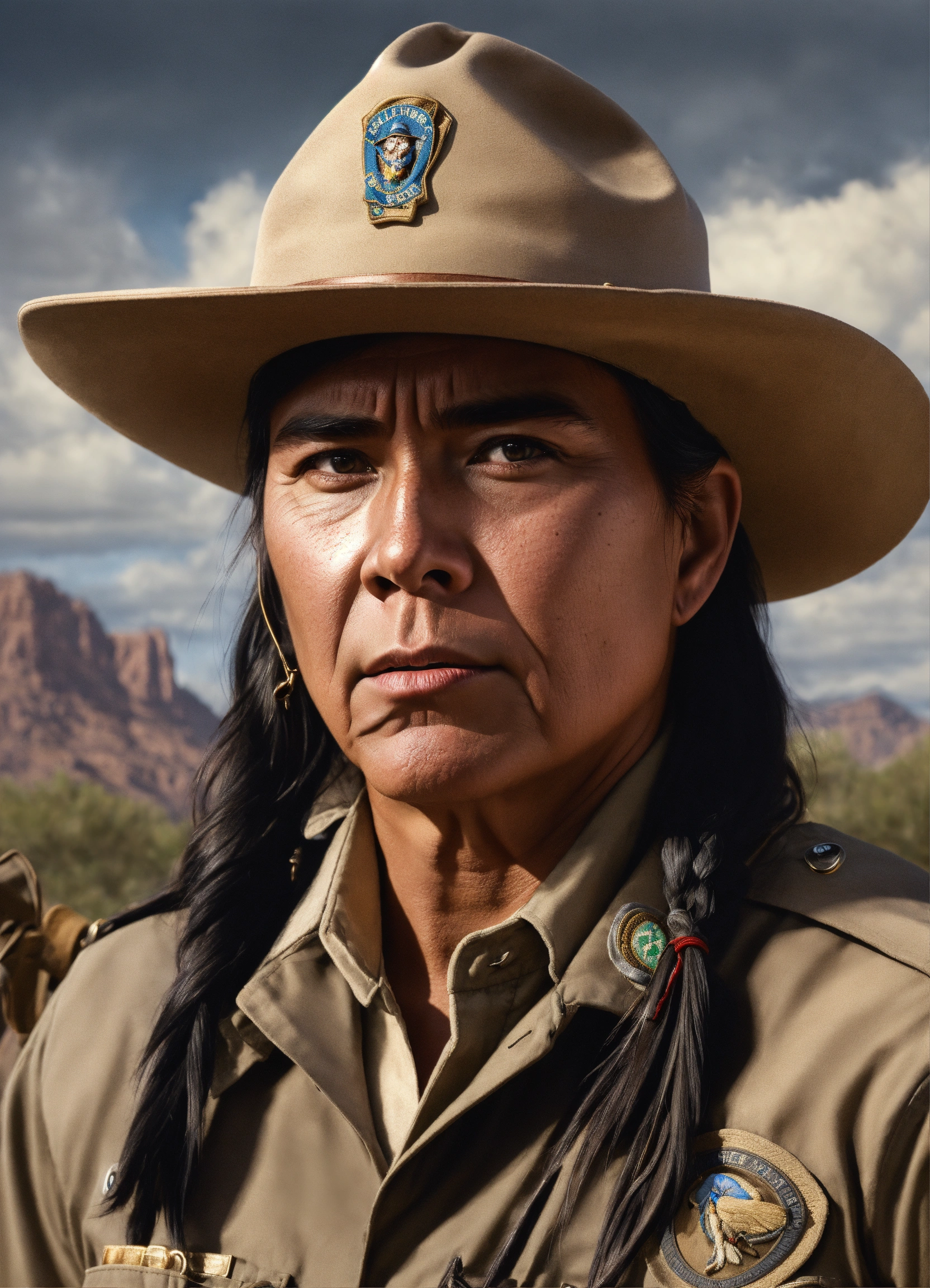 Lexica - PORTRAIT OF AN Native american park ranger scared, REALISTIC ...