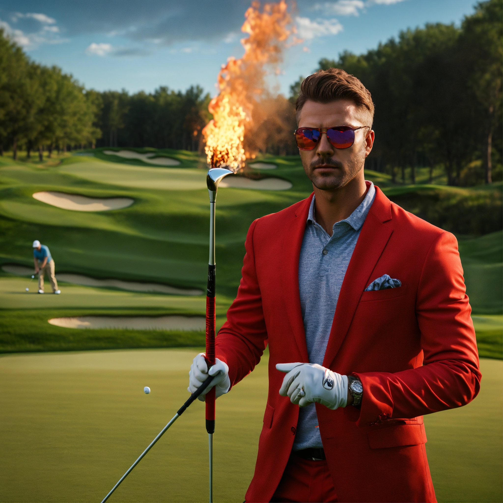 Lexica - 4k hd ultra realistic man red blazer, sunglasses. Holding golf ...