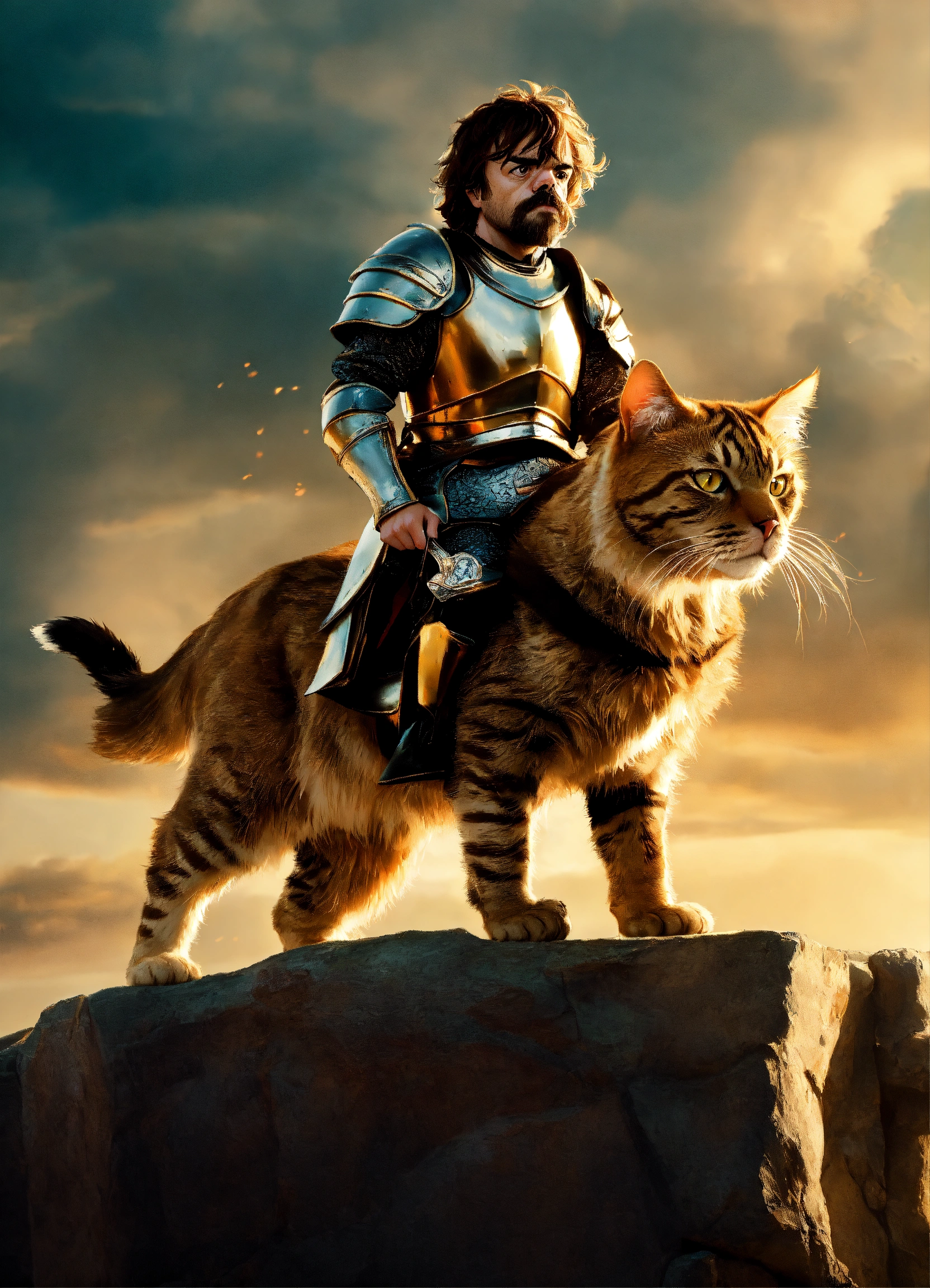 Lexica - Peter Dinklage sitting on top of a cat, riding the cat into ...
