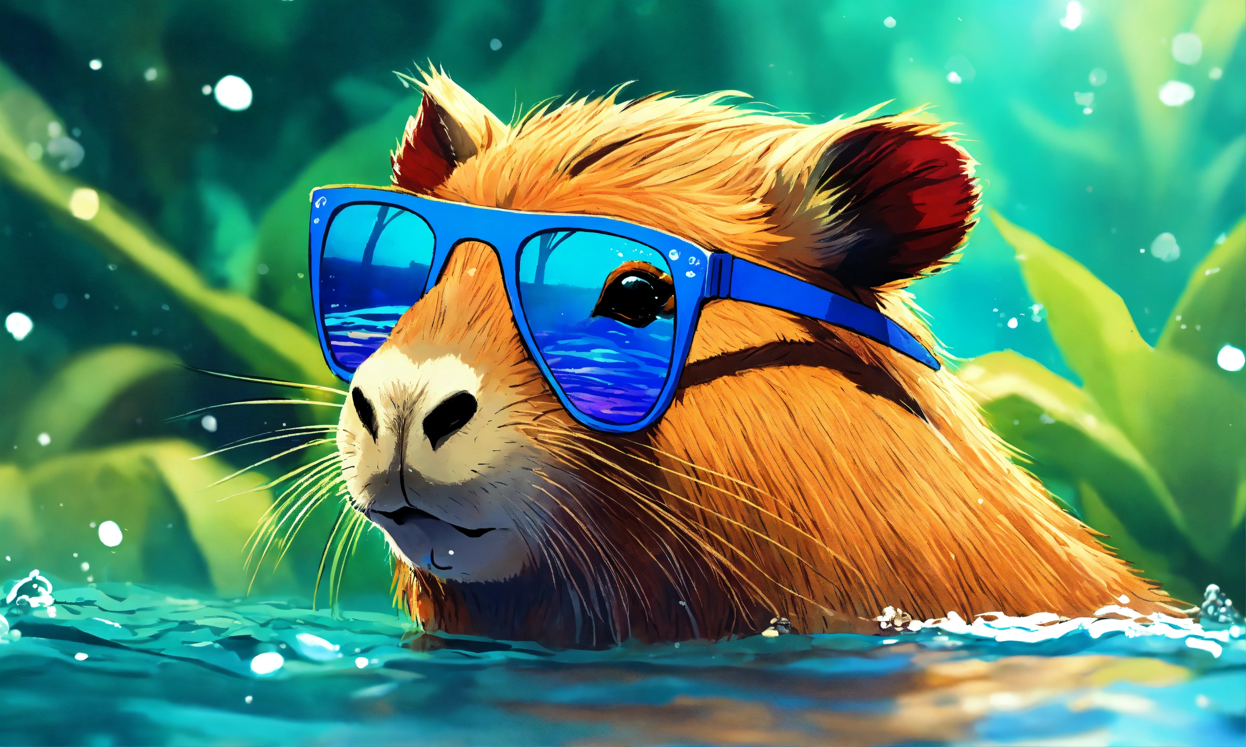 Lexica - Cute, capybara swimming with sunglasses, colourful, kawai ...