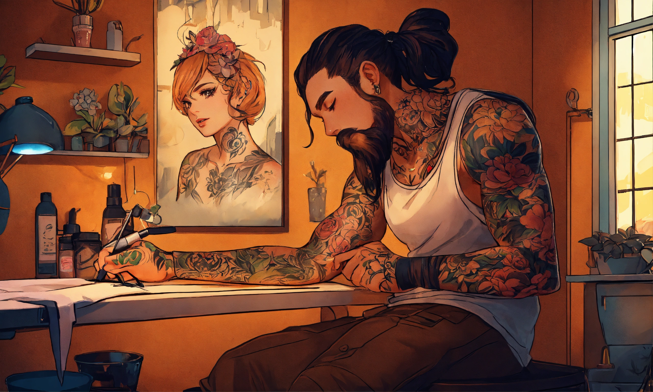 Lexica - 2d illustration of tattoo artist making tattoo on a woman's ...