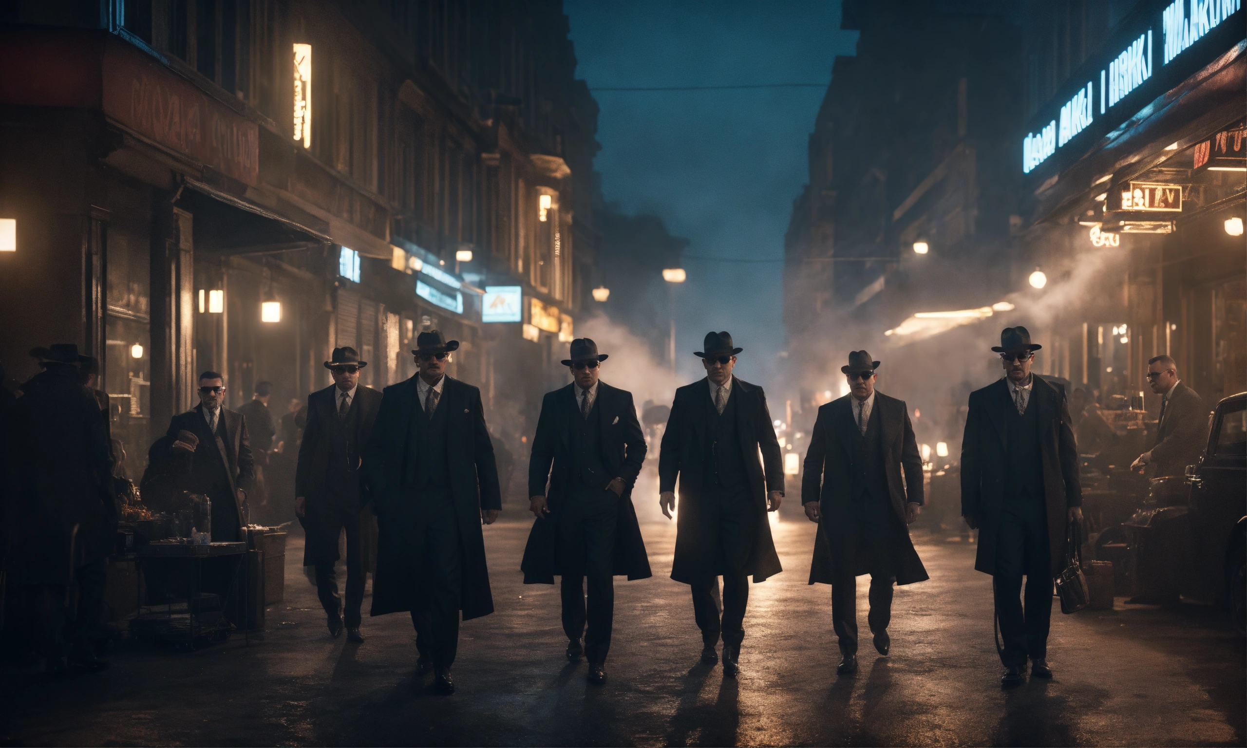 Lexica - Group of mafia gangster members in crime market, smoky mood ...