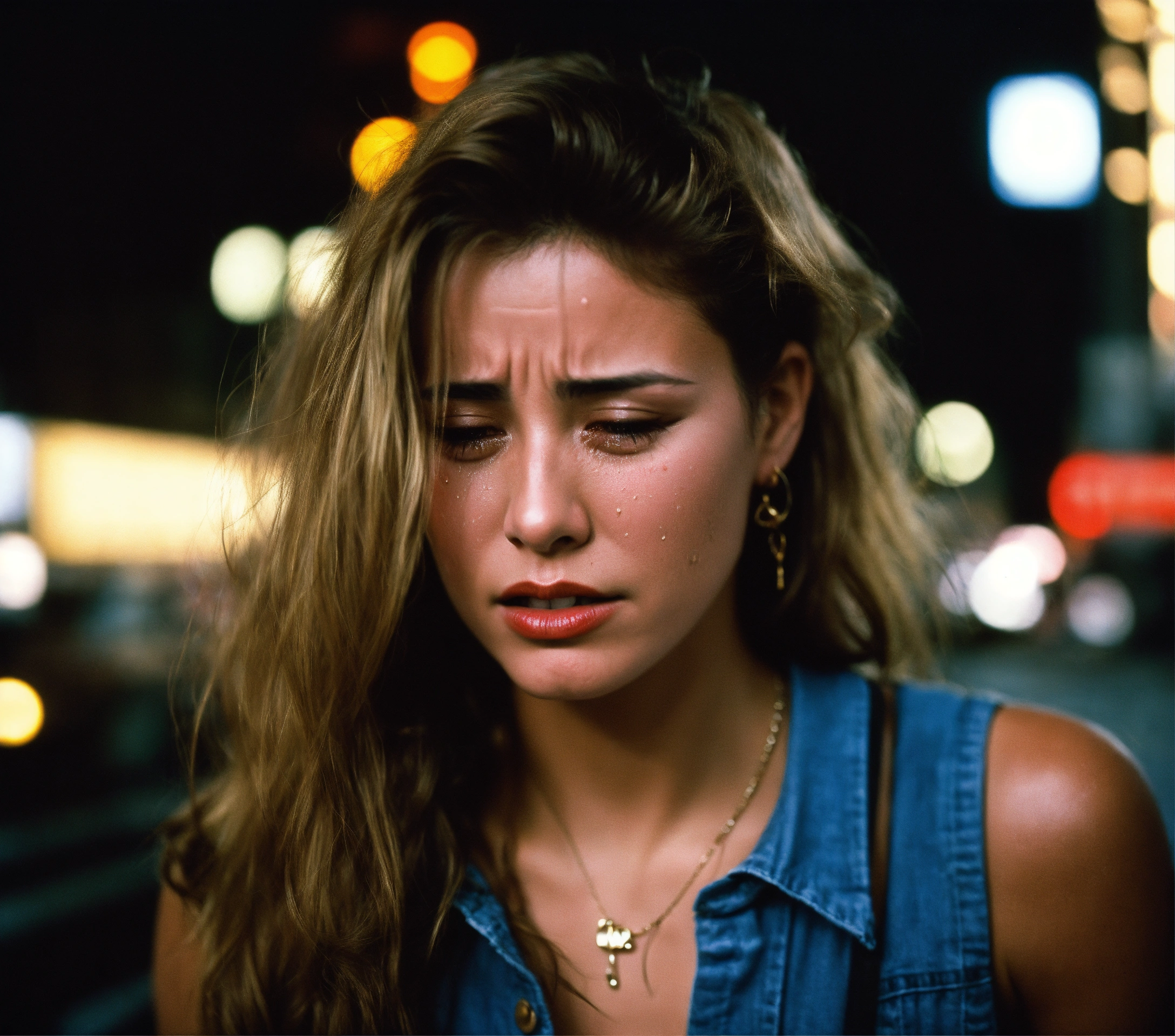 Lexica - A beautiful woman crying in New York, 90’s,