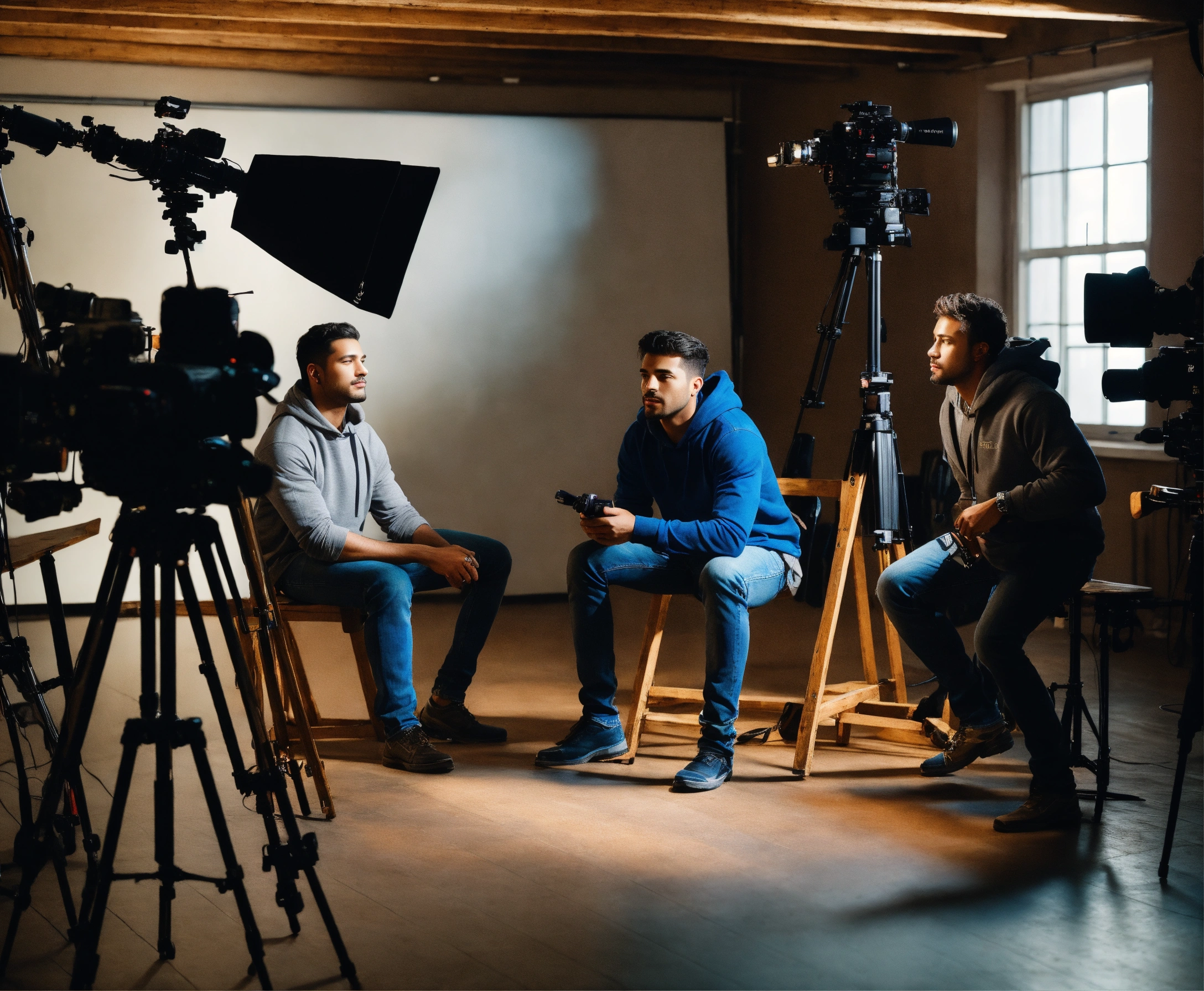 Lexica - The film set. Film studio. One cameraman is sitting behind the ...