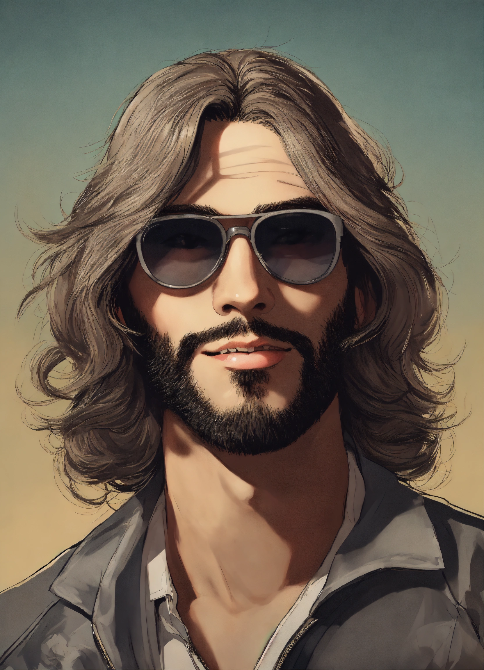 Lexica - Cartoon a 60s man with long hair is wearing sunglasses, in the ...