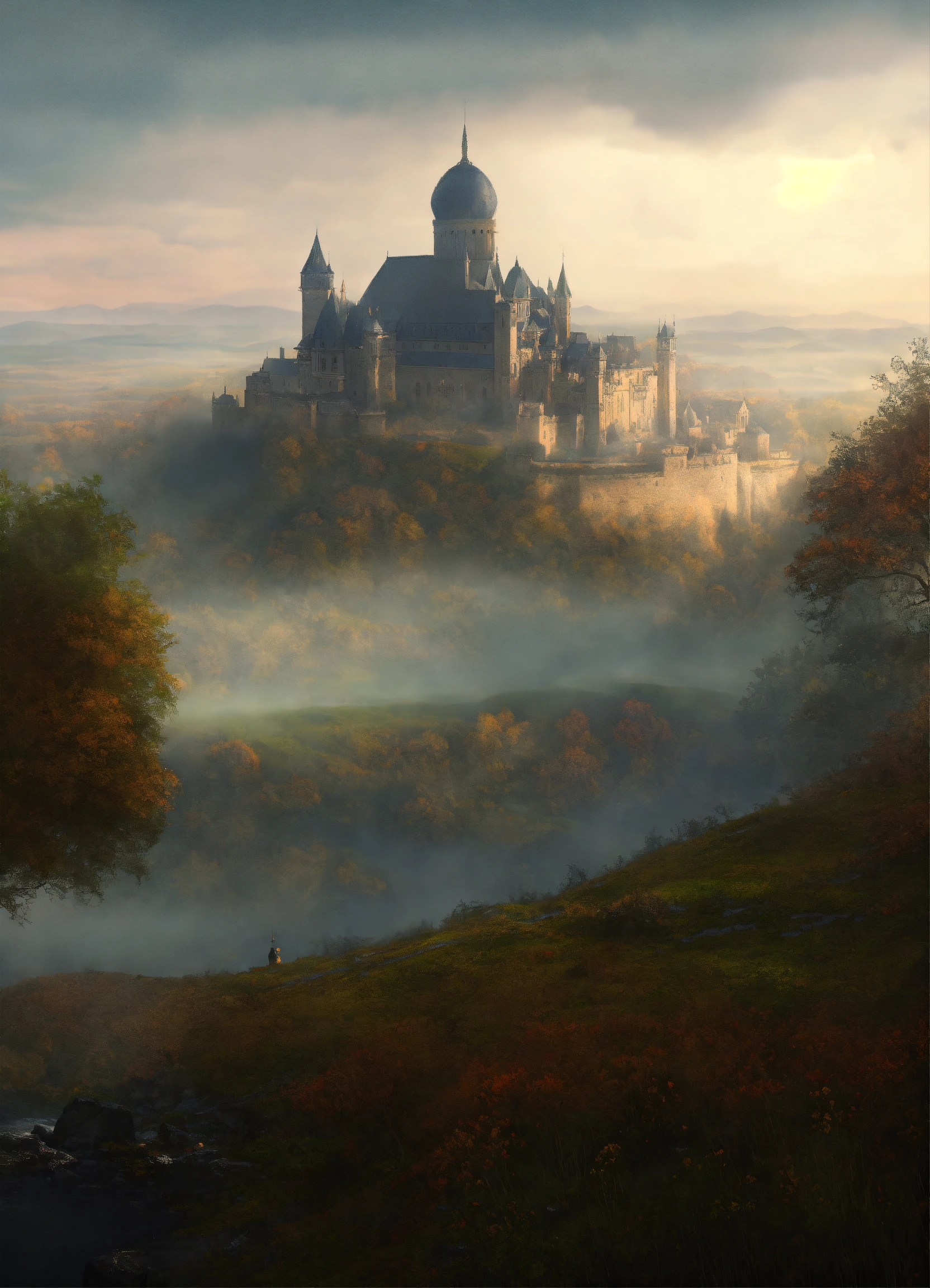 Lexica - In the distance, a town with a palace. Medieval. A misty aura ...