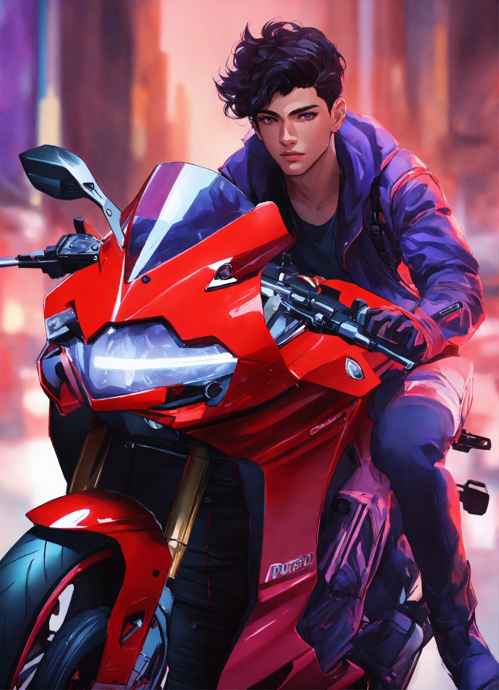 Lexica - Illustration of young man with violet eyes, riding red Ducati ...