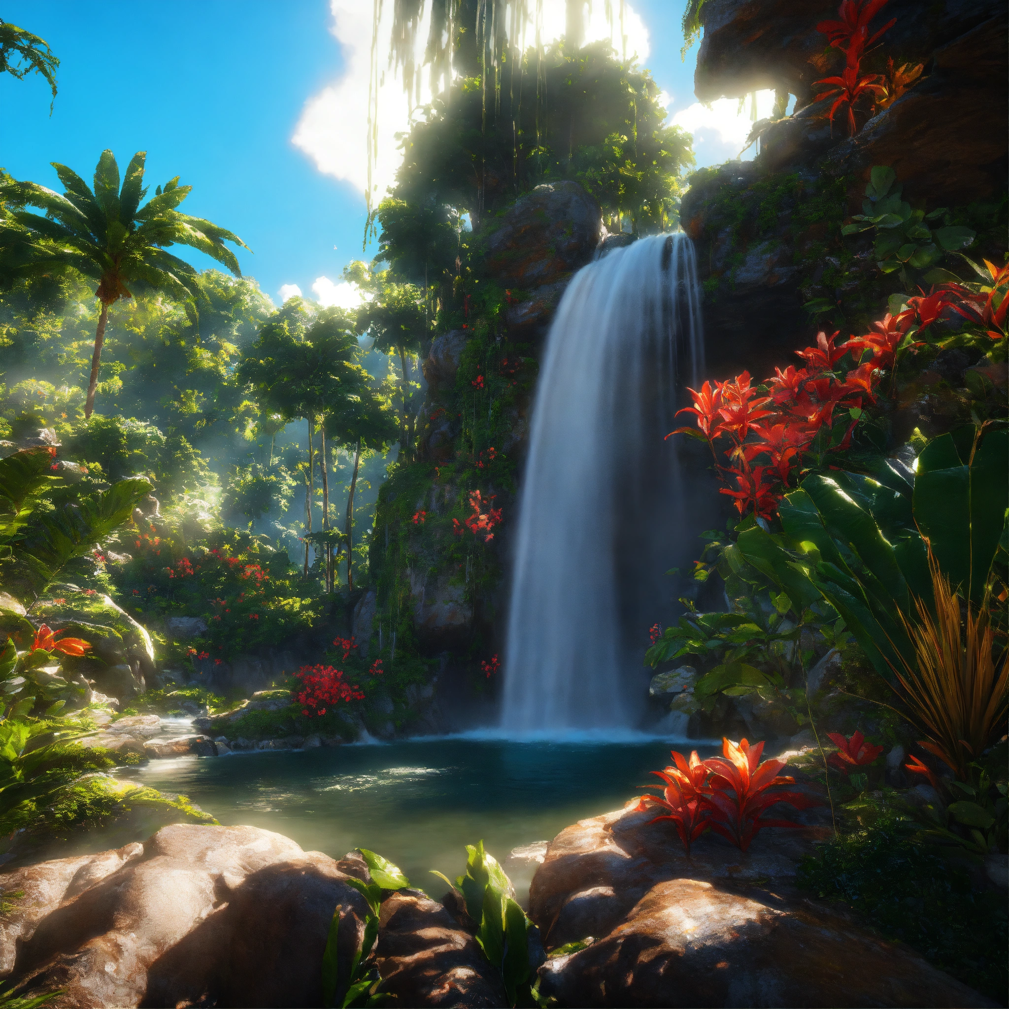 Lexica - Tropical flora, with magical teired waterfall, Cinematic style ...
