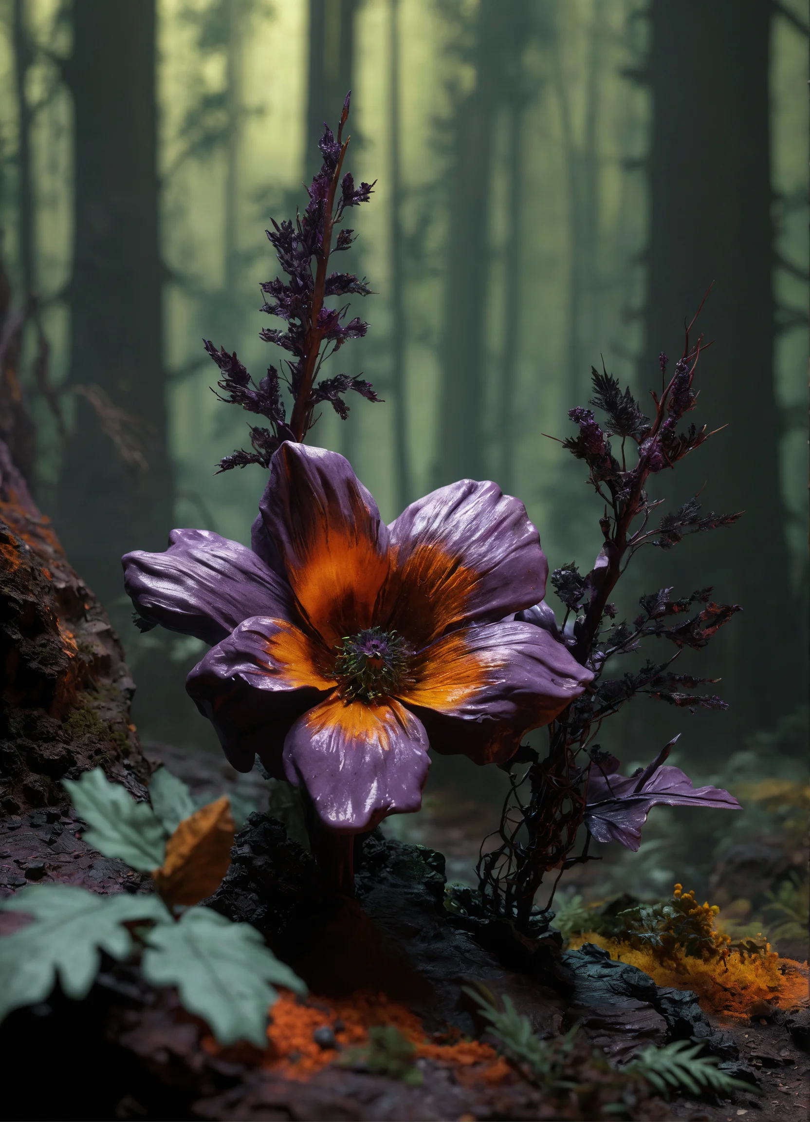Lexica - A beautiful purple flower in a dark forest, in the style of ...