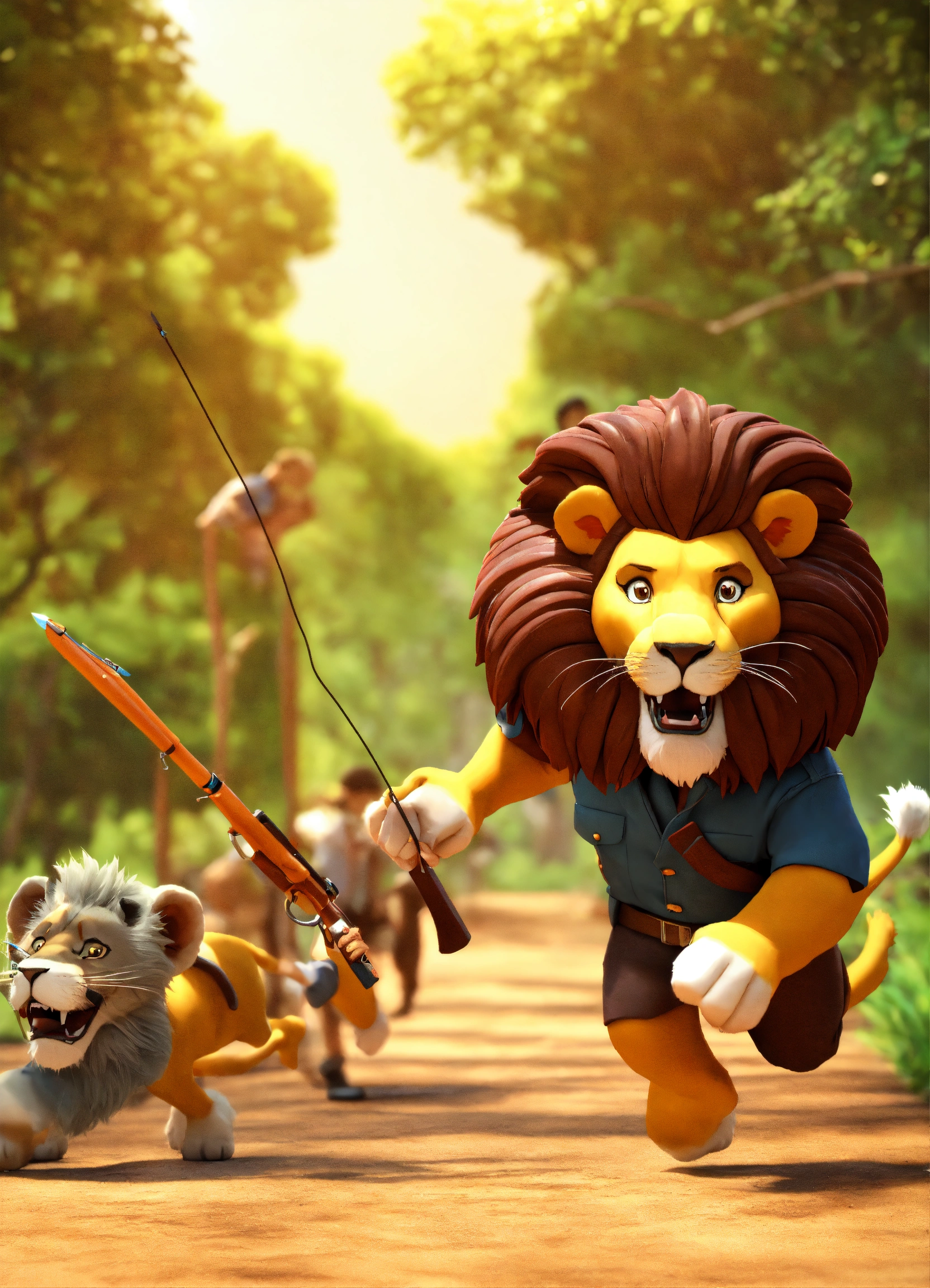Lexica - 3d cartoon lion chasing men hunters
