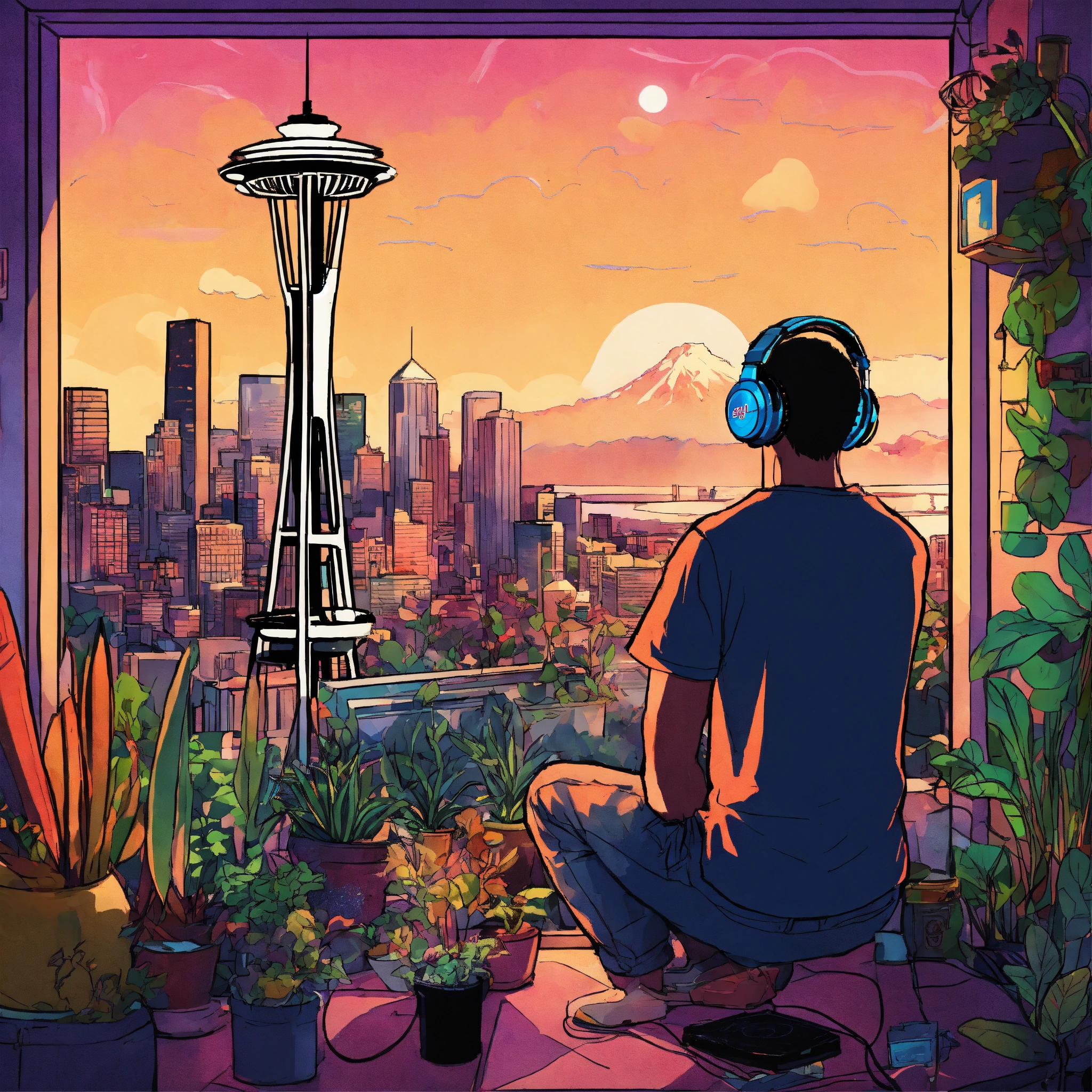 Lexica - A man wearing headphones looking out over Seattle, smiling ...