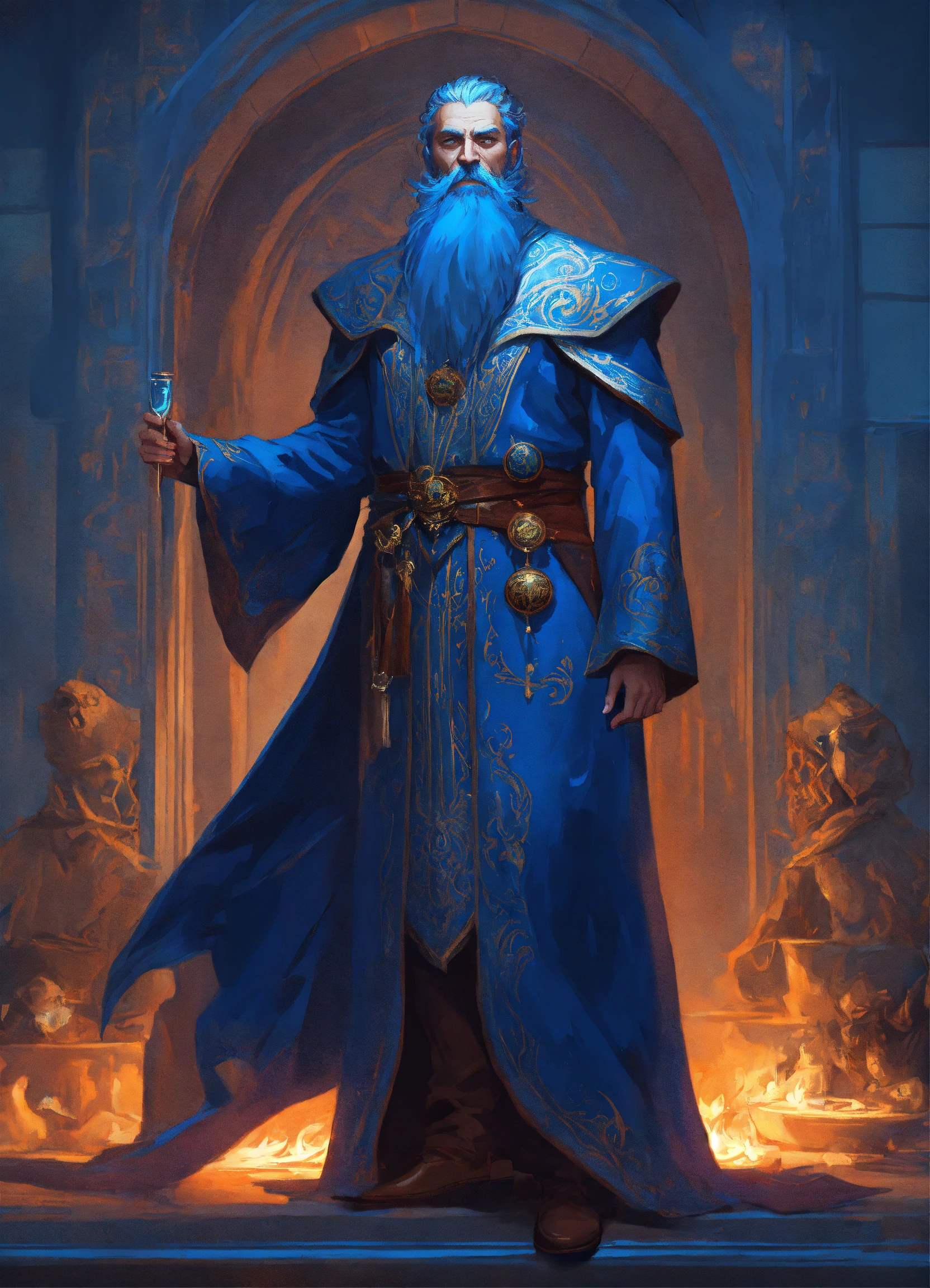 Lexica - Evil wizard, long blue beard, thin body, long suit with edges ...