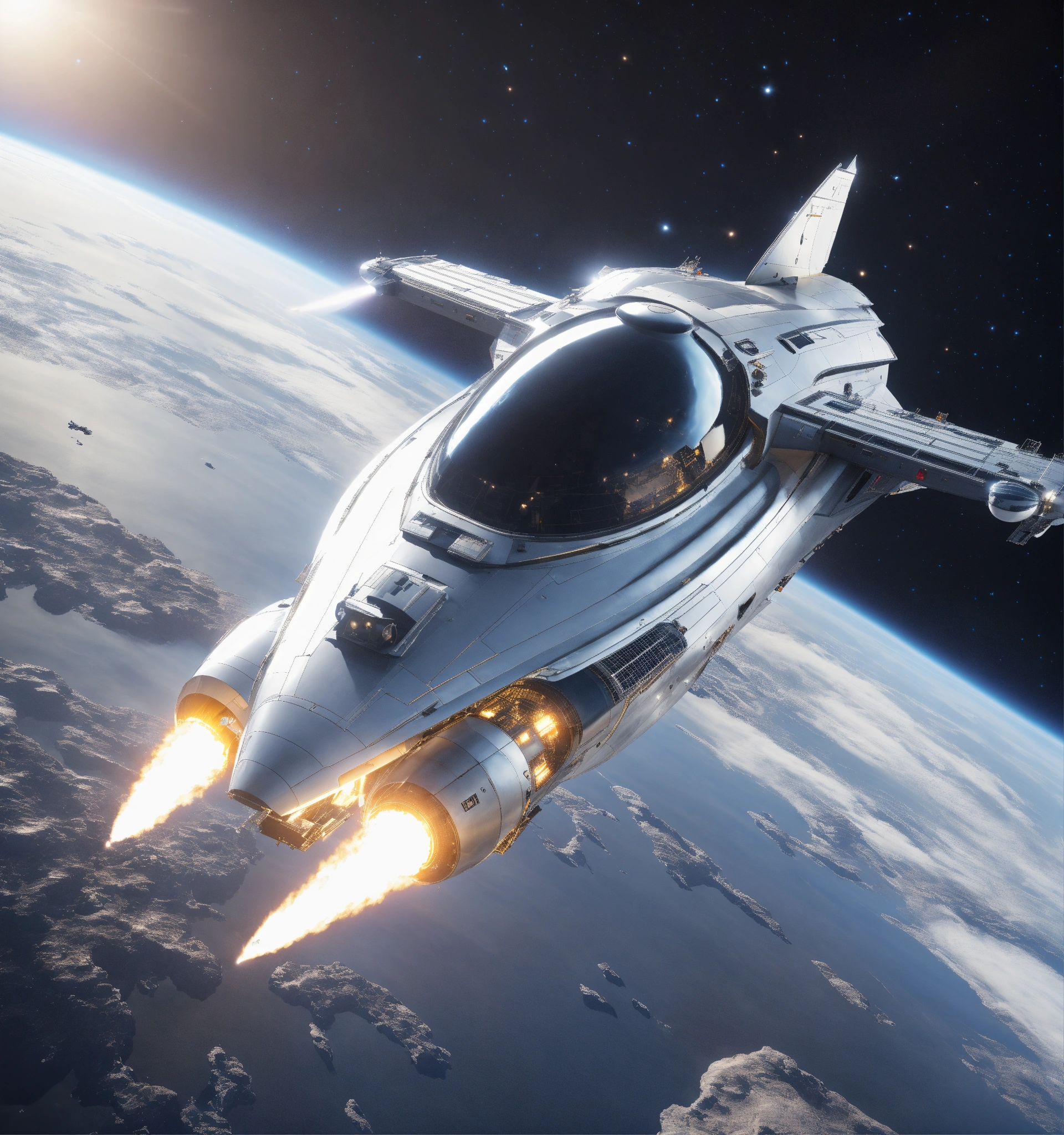 Lexica - Flying silver space yacht shooting out in space, future, hi tech, exterior, sci fi ...