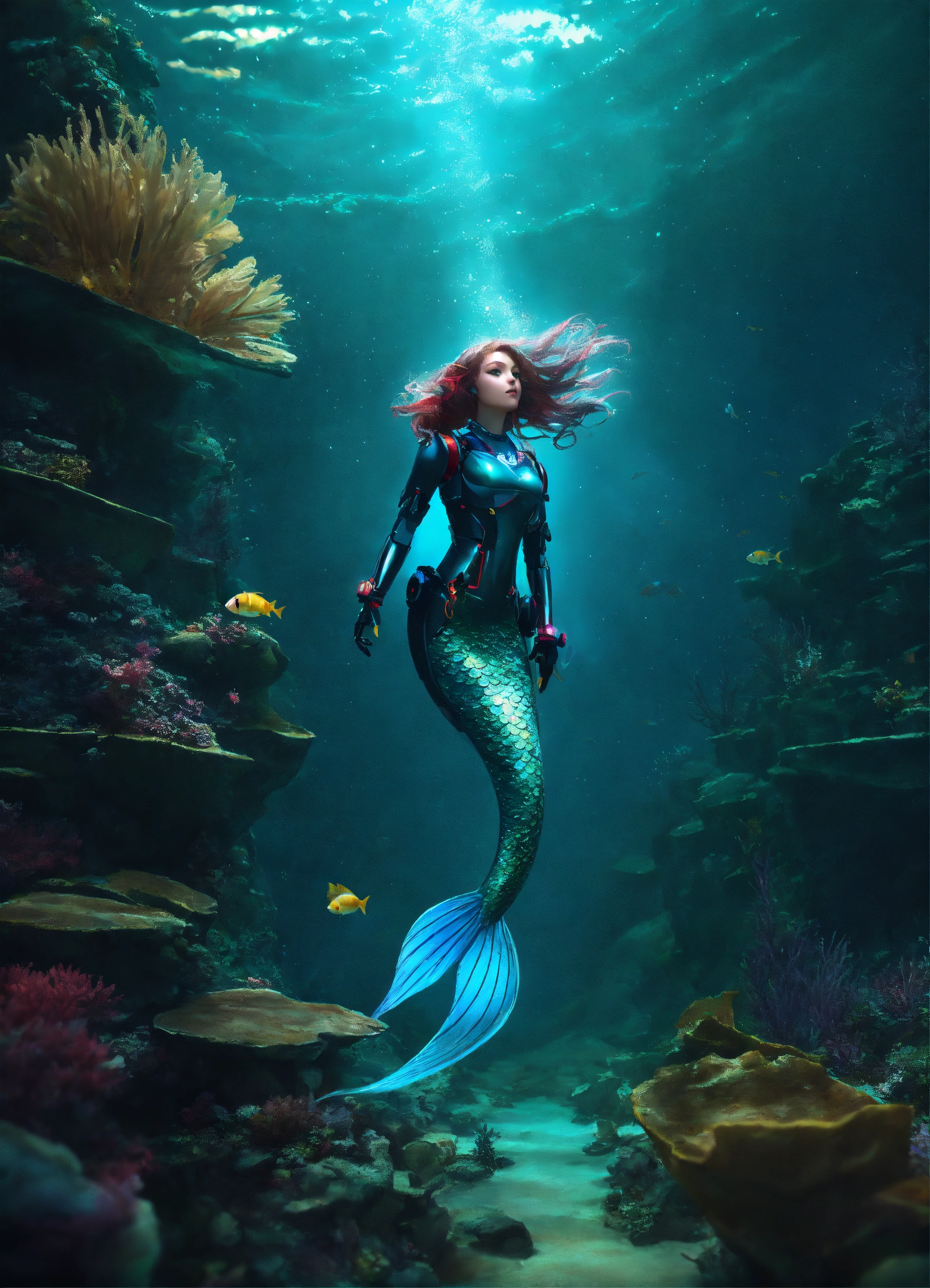 Lexica - A robot mermaid, in the bottom of the sea, dark light , whit a ...