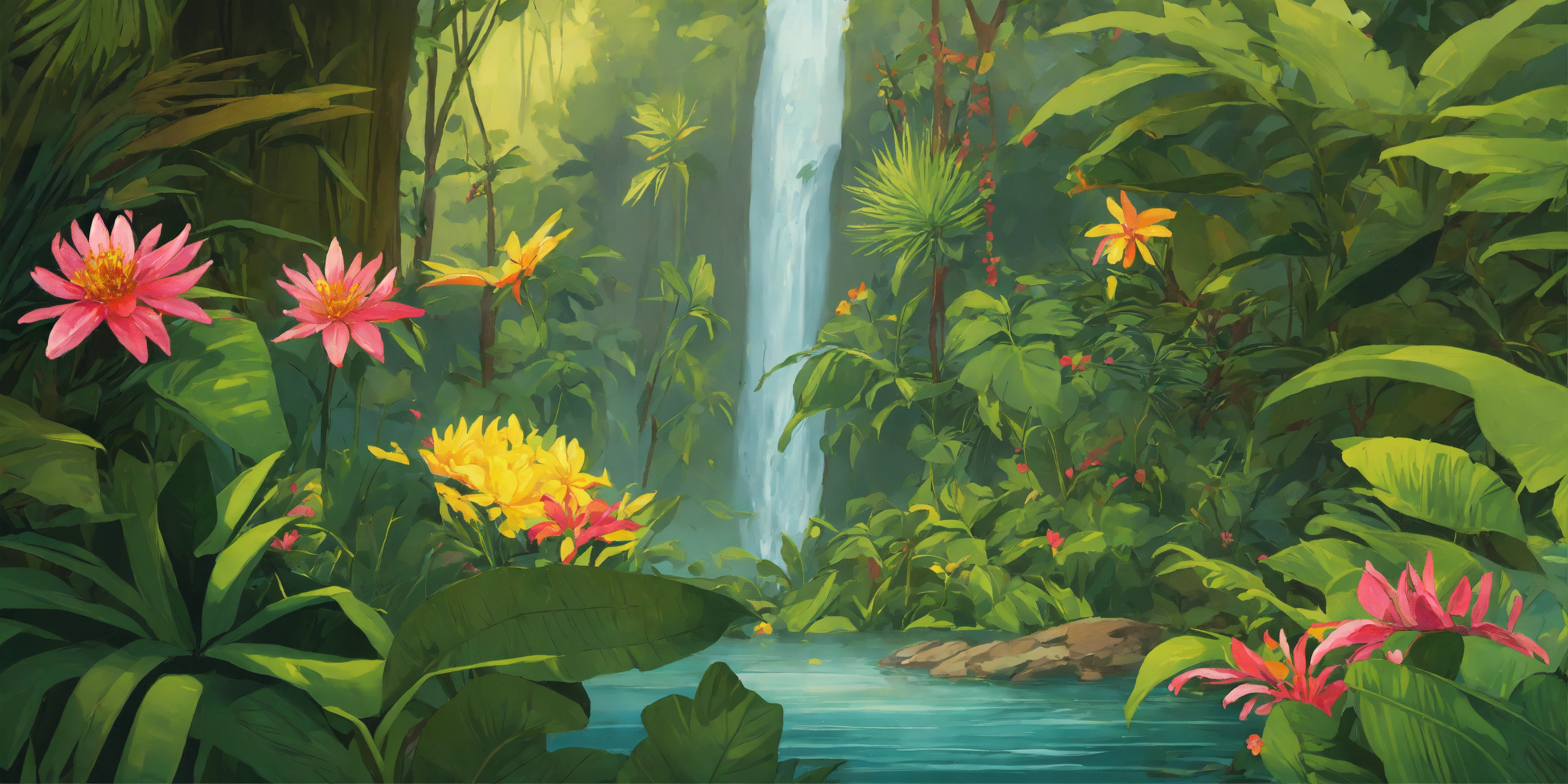 Lexica - Jungle flower waterfall book cover style