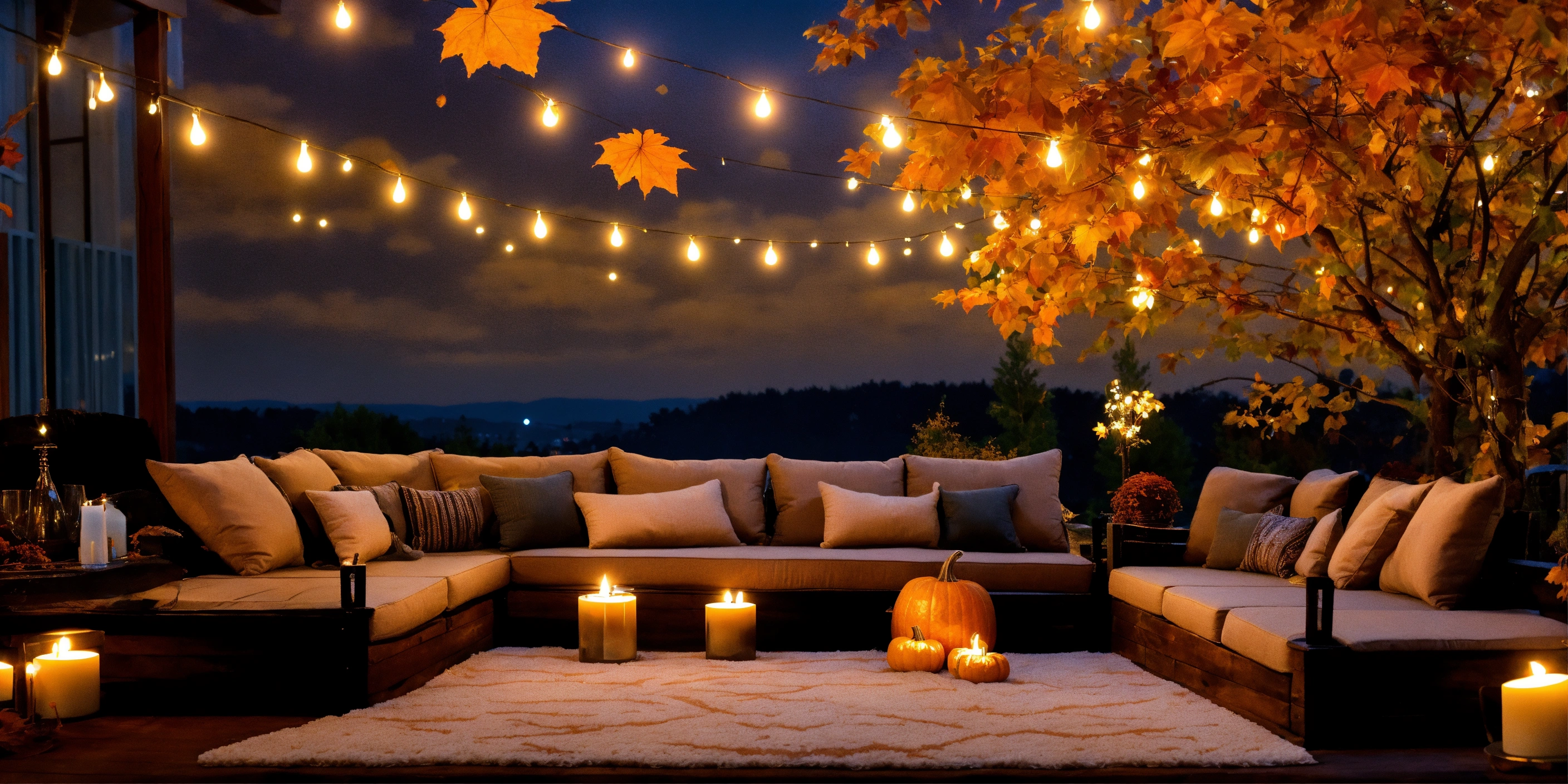 Lexica - Fall theme patio, big comfy couch, fluffy rug, fall leaves ...