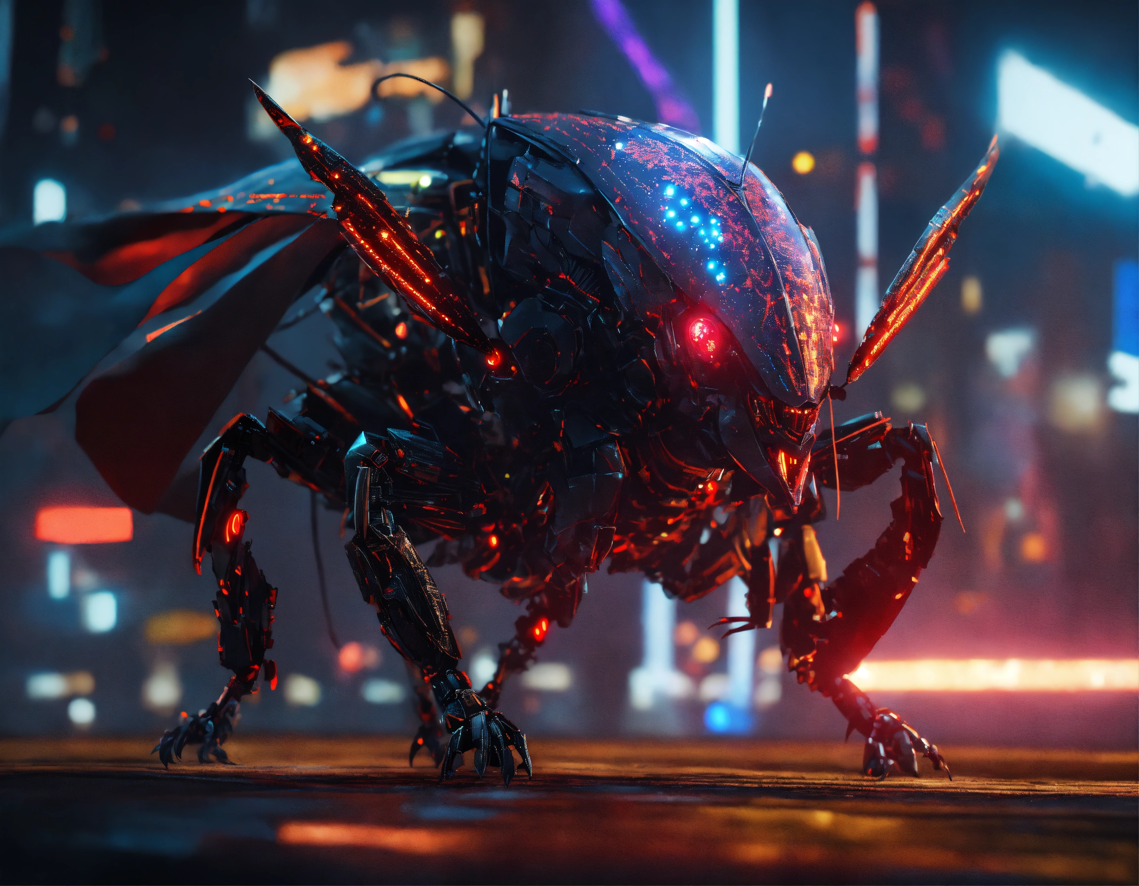 Lexica - Zoom out of black cockroach faced humanoid with red glowing ...