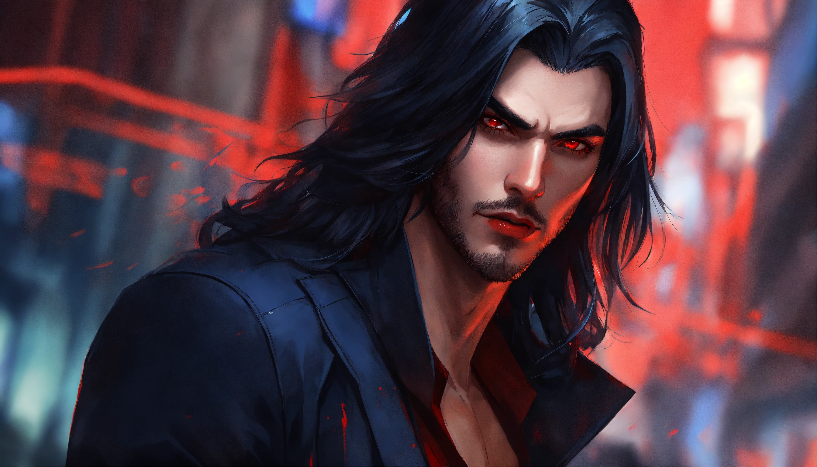 Lexica - Handsome man, long dark blue hair, red eyes, vampire , fierce ...