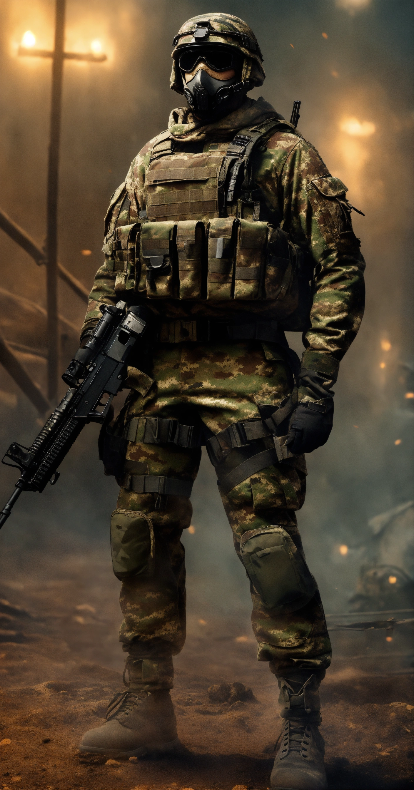 Lexica - Loneley soldier, millitary black camo outfit, masked face ...