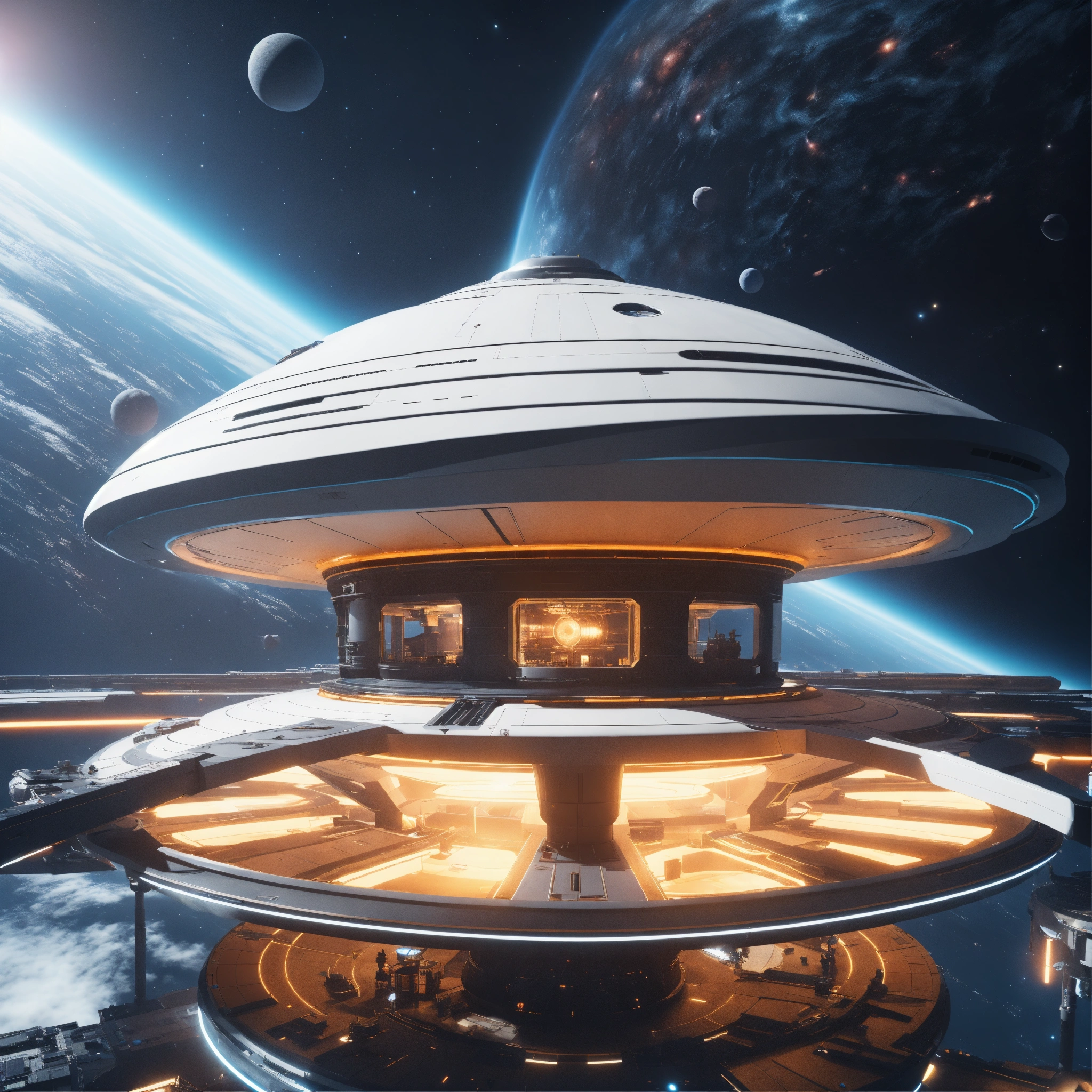 Lexica - Space yacht flies through a beautiful docking port on a white ...