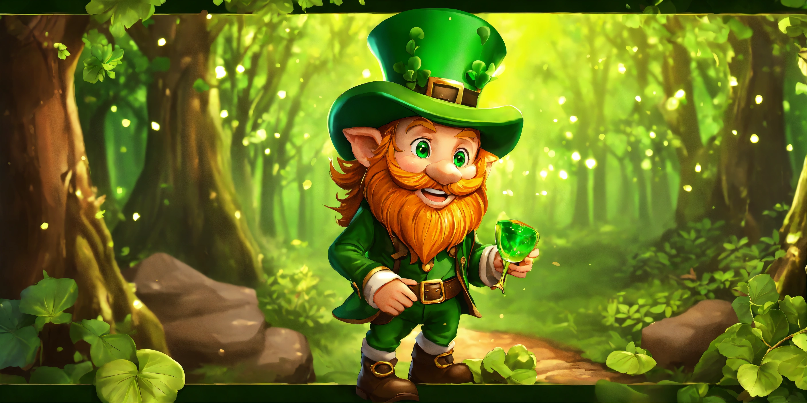 Lexica - Leprechaun gentils dans la forêt, arbres magiques, mousse sur les pierres le long du ...