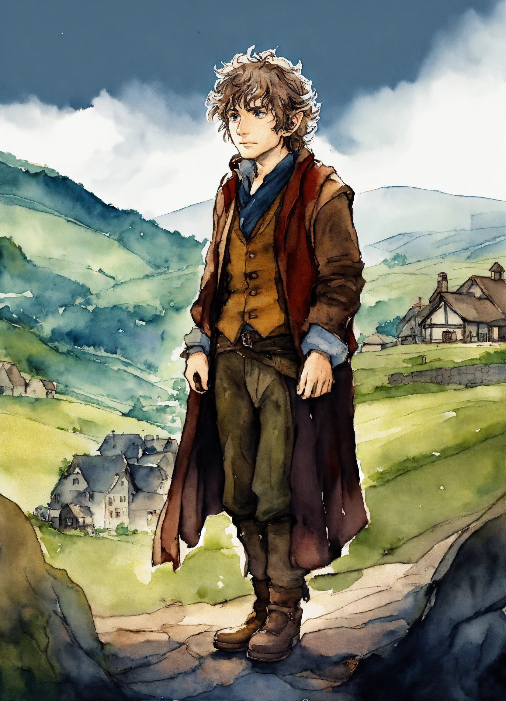 Lexica - Bilbo Baggins from LOTR with dark clothes in vagabond manga drawing art style ...