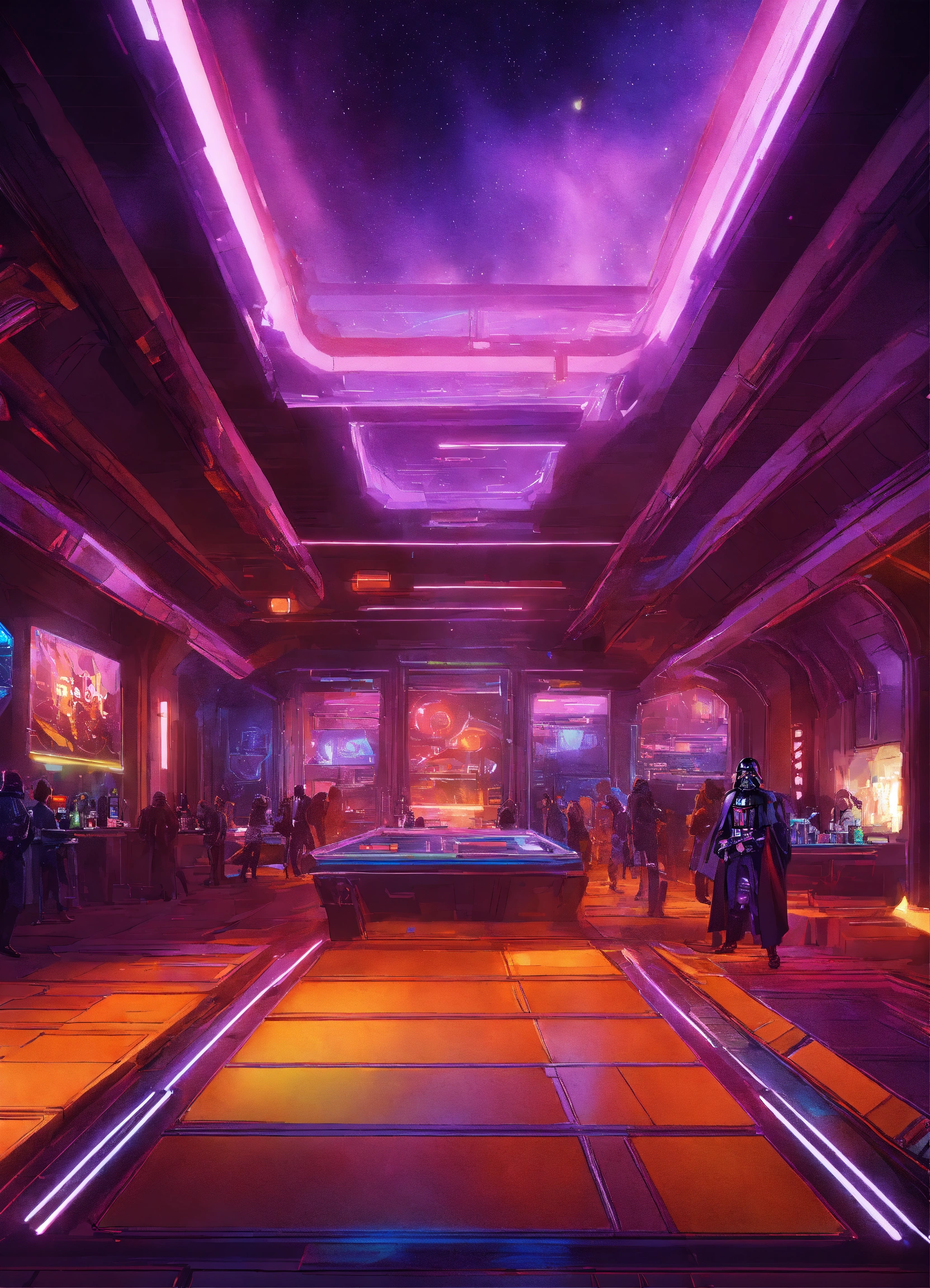 Lexica - Digital art of a Star Wars night club with purple and orange ...