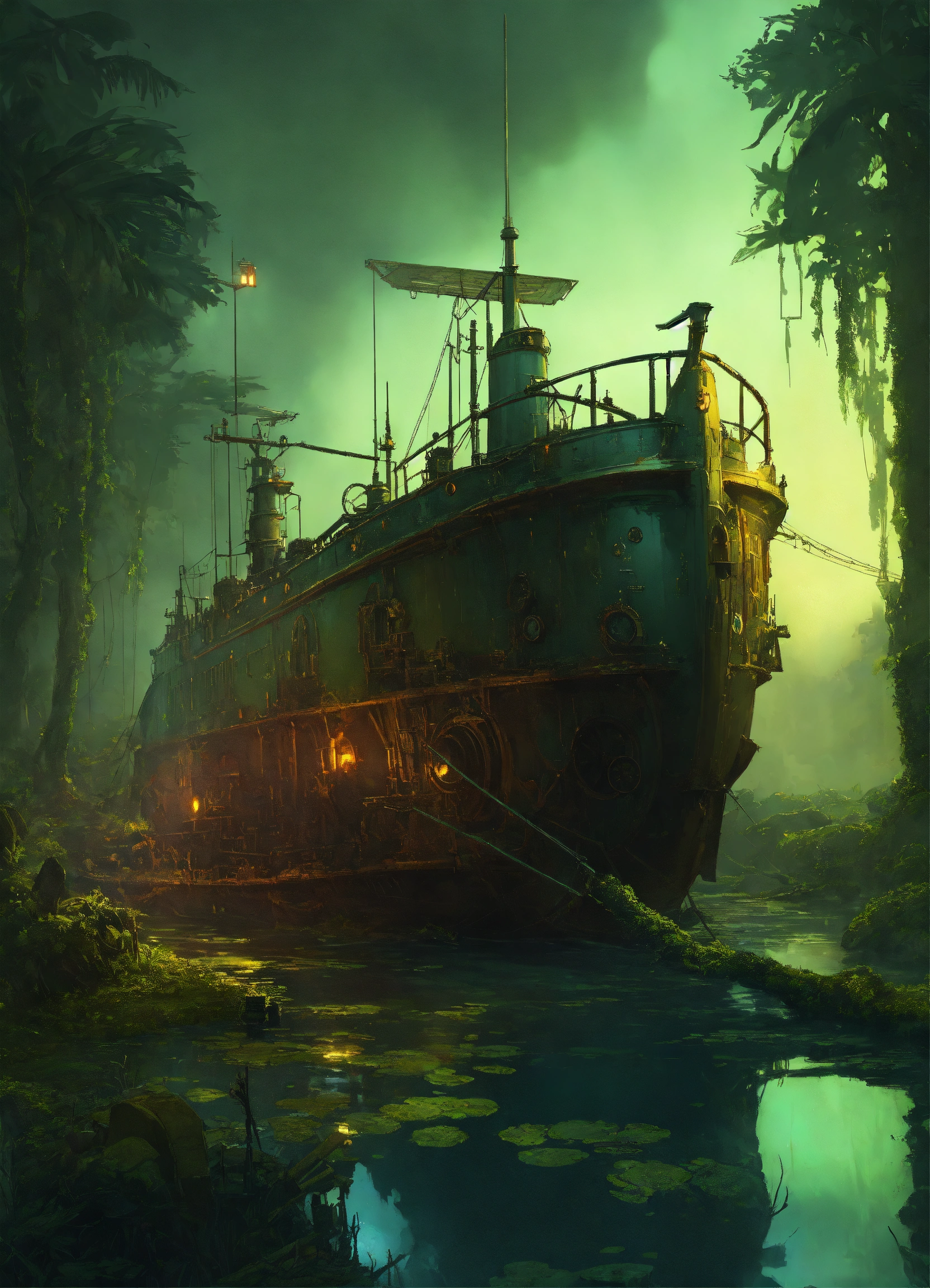 Lexica - Beached steampunk submarine shipwreck in swamp, dark ...