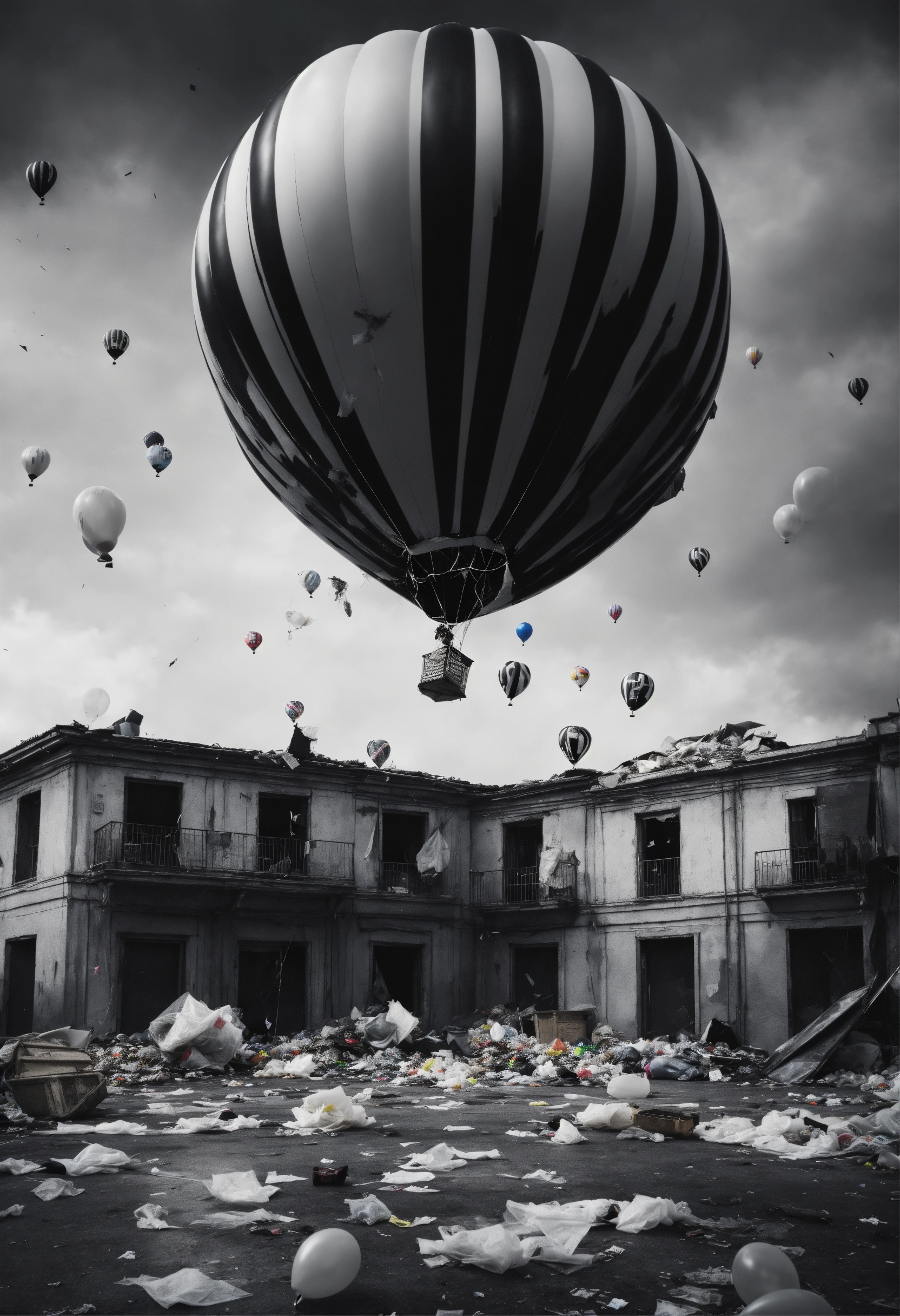 Lexica - A black and white striped balloon is hanging in the air, there ...