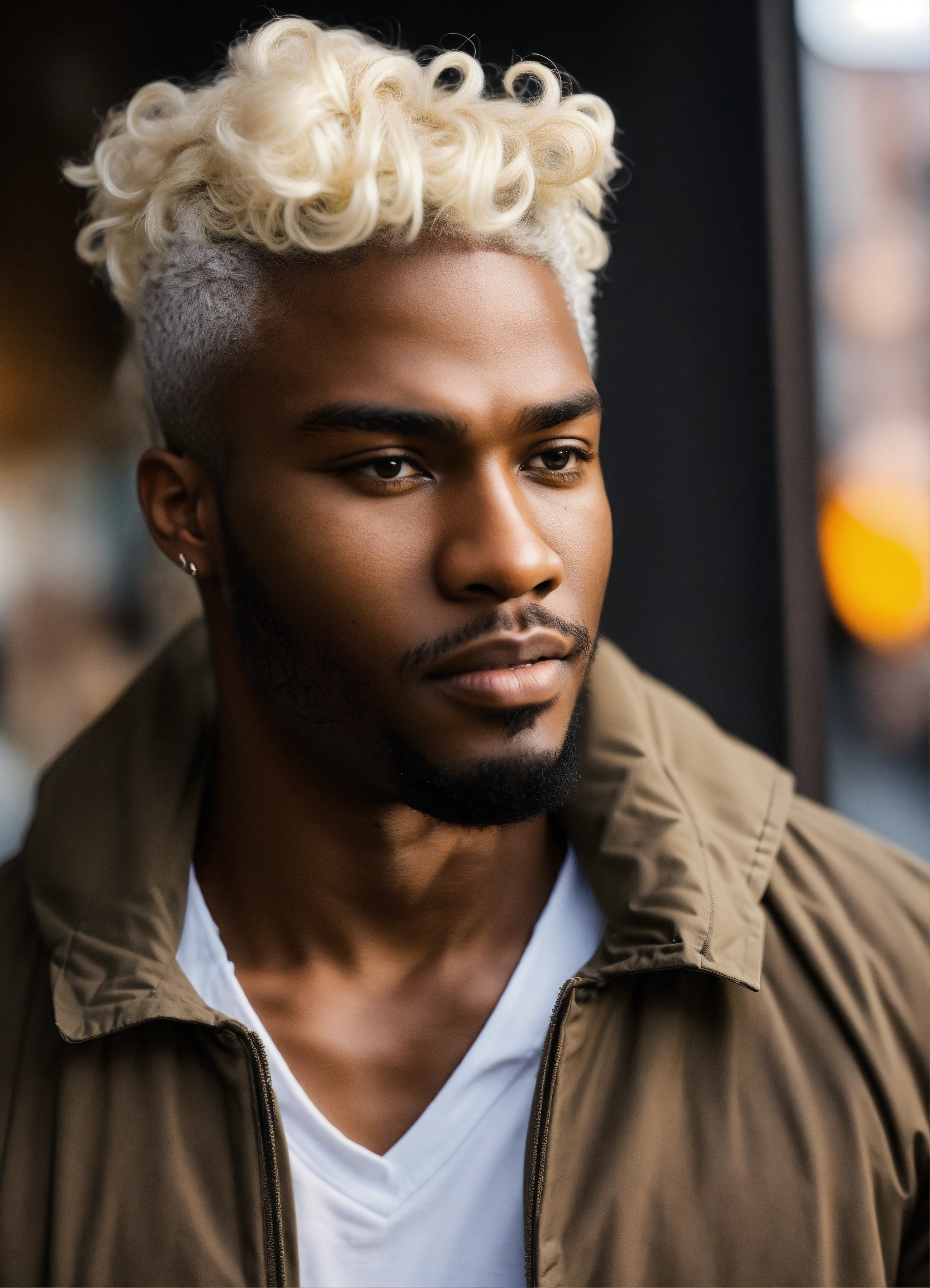 Lexica - Black man, caramel skin, white wavy hair
