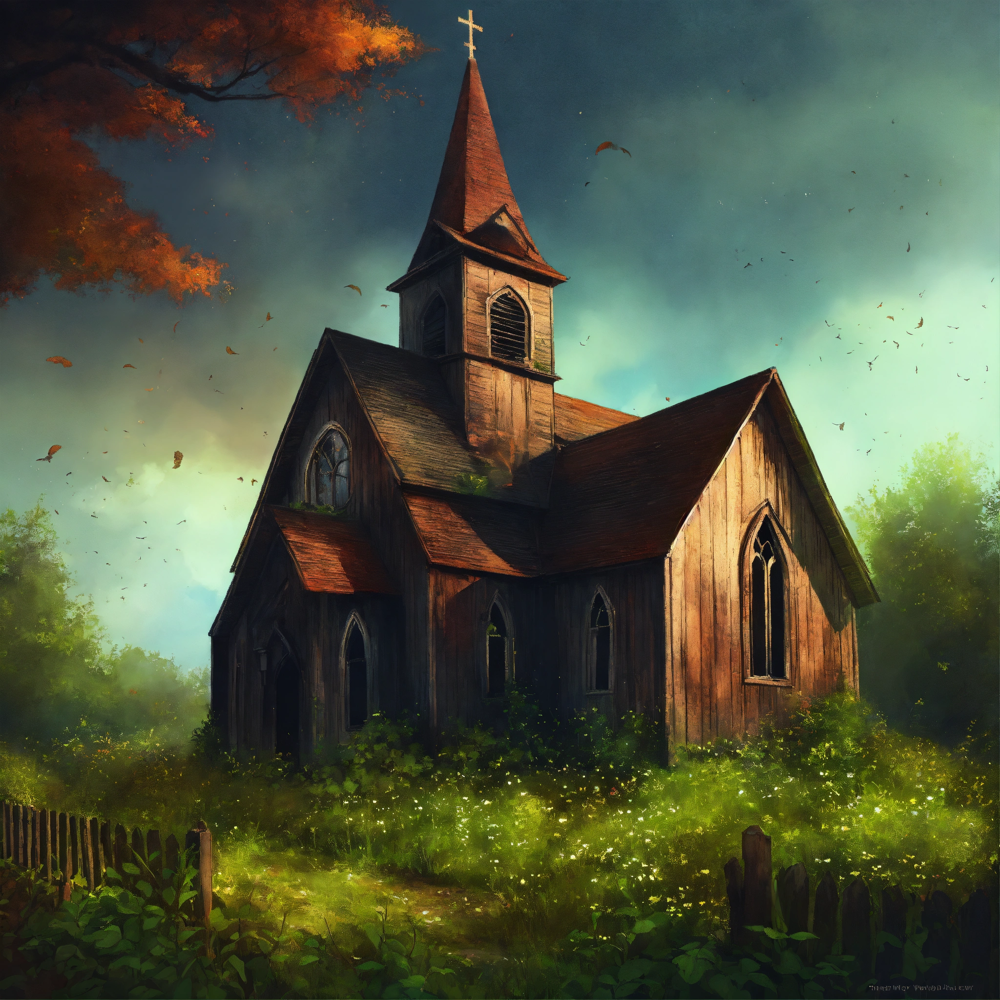Lexica - Quaint wooden country church, overgrown weeds, dark dirty ...