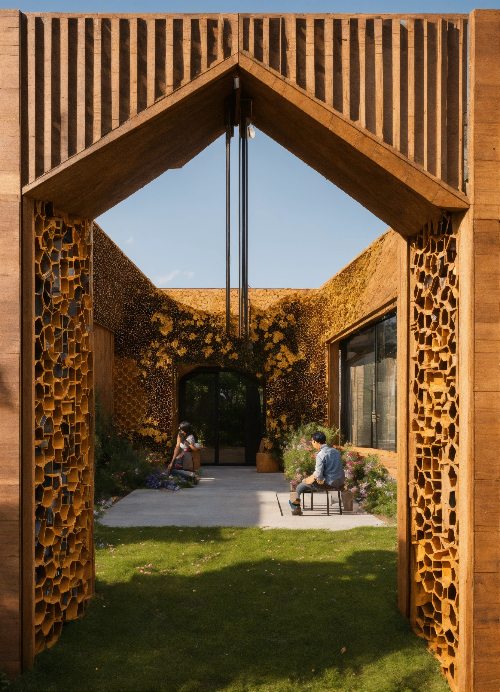 Lexica - Two bees sculpture facade hexagon gate design