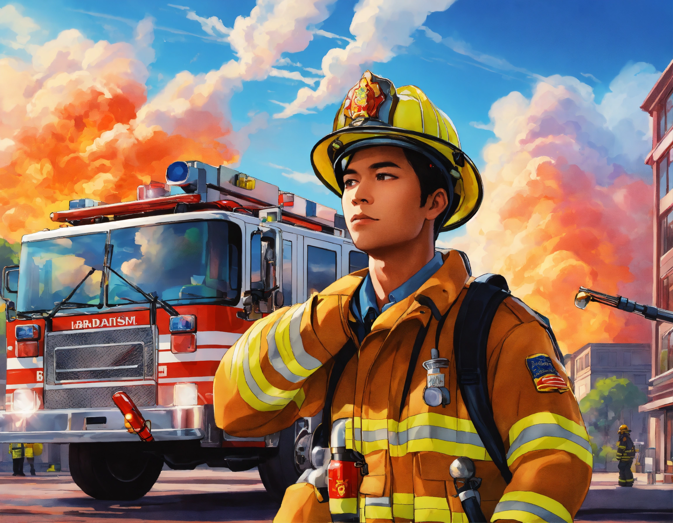 Lexica - A firefighter, Indonesian face, background in front of fire ...