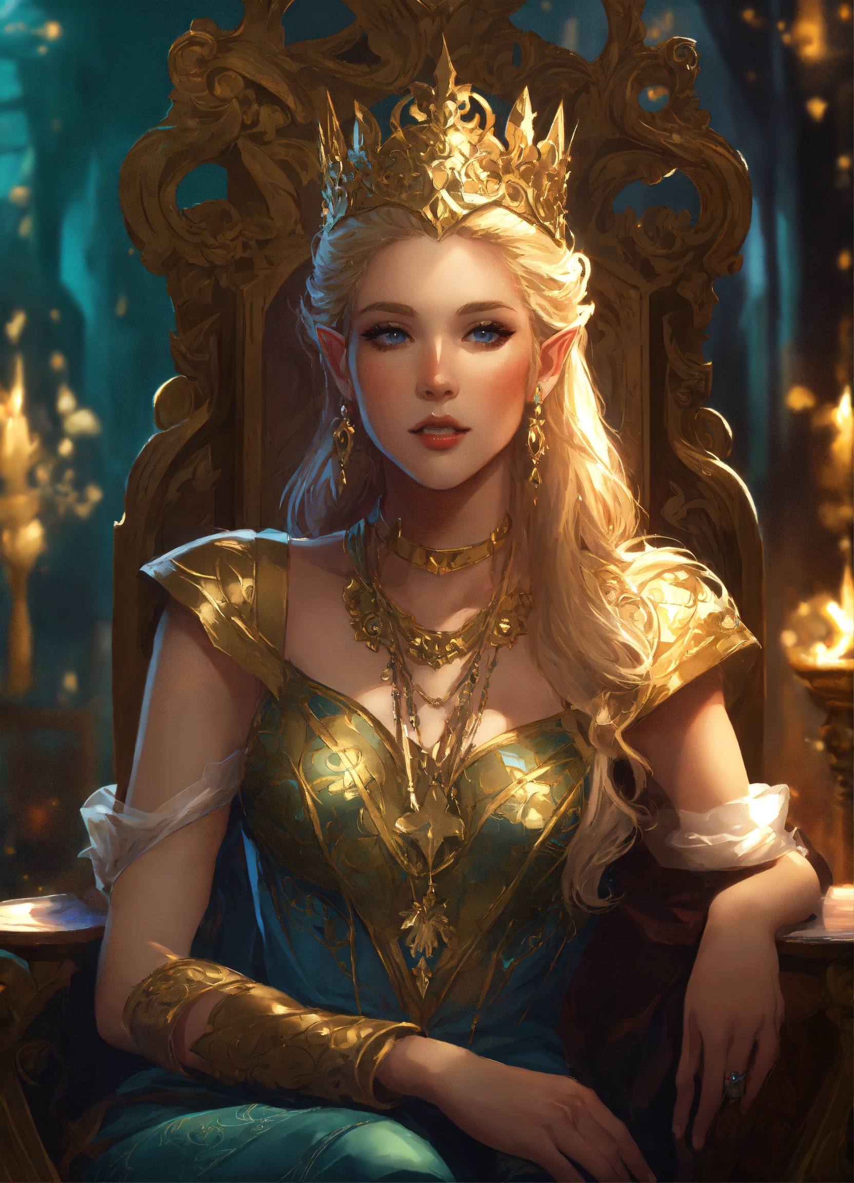 Lexica - Beautiful attractive blonde elf queen, sitting on her throne ...