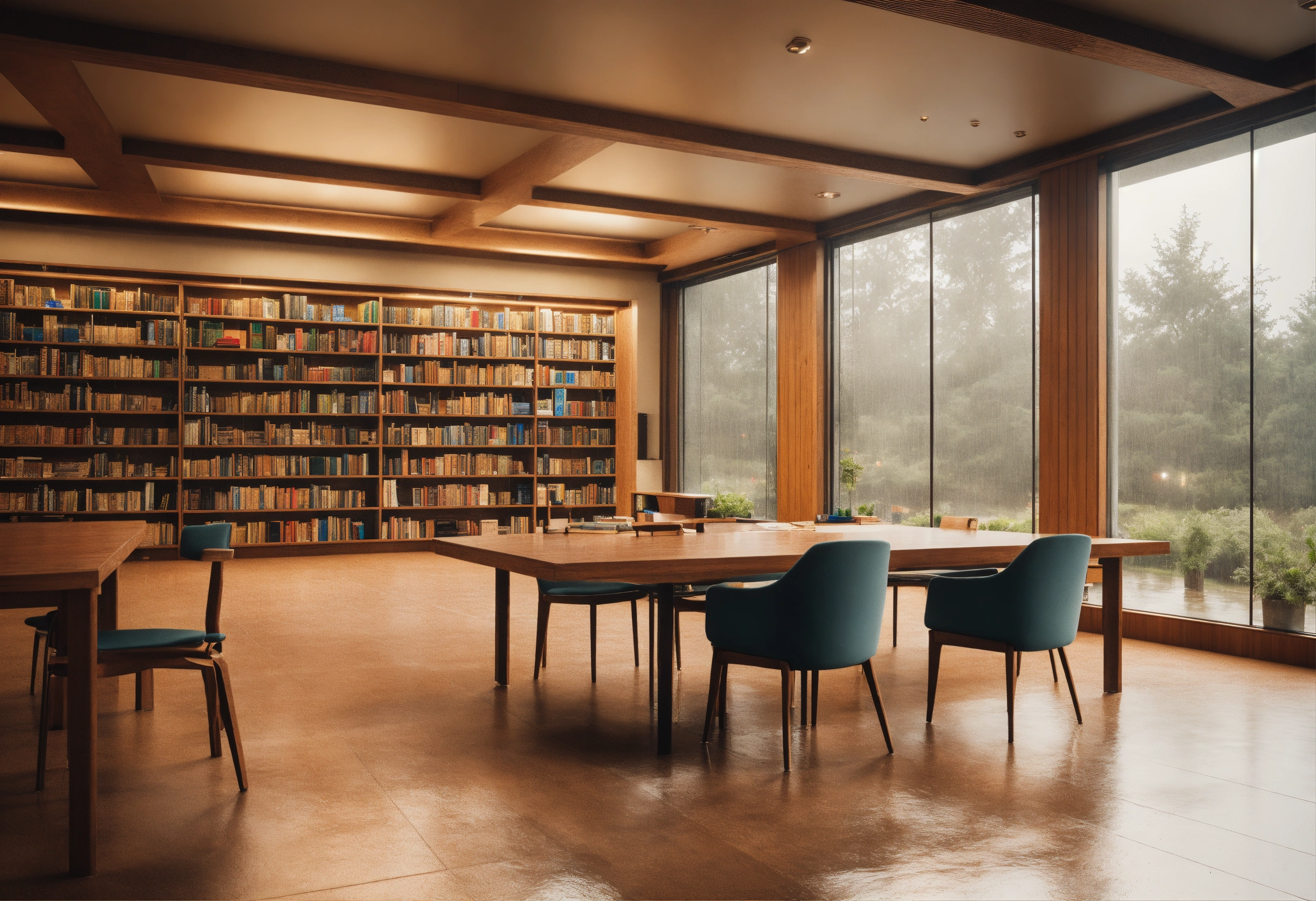 Lexica - A warm modern library interior. It’s raining outside, we can ...