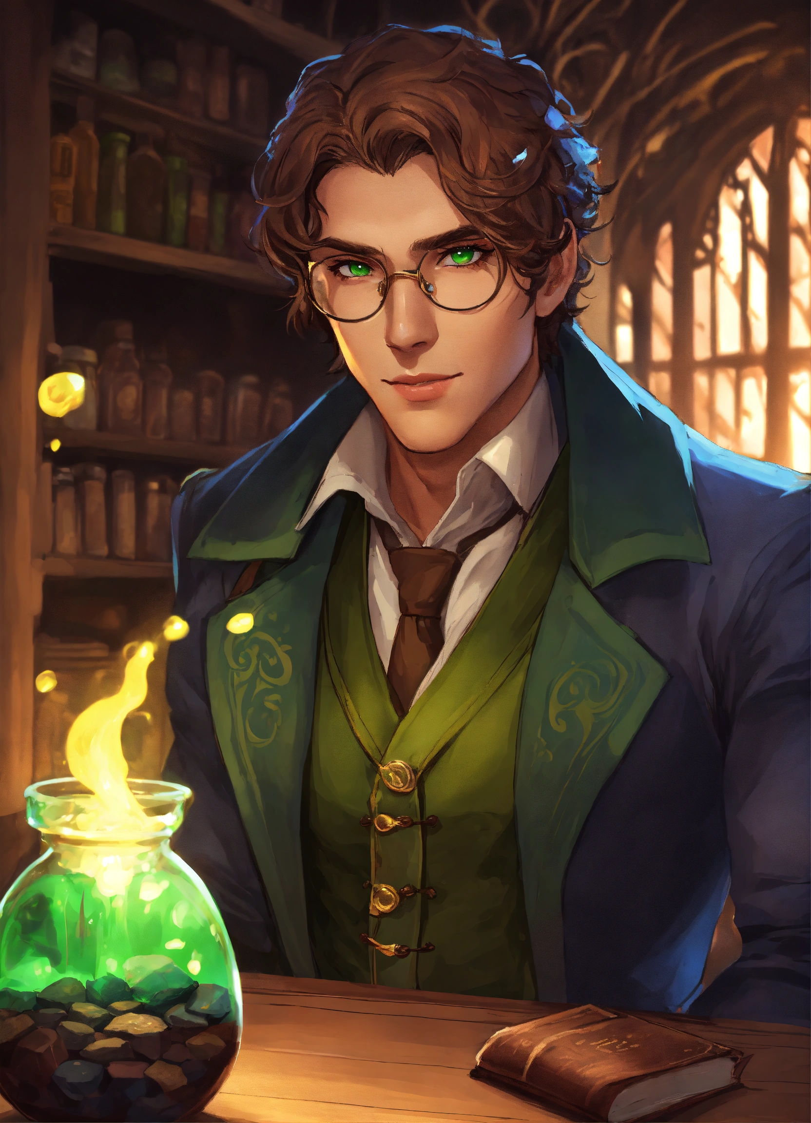 Lexica - A hot potions professor with green eyes and brown hair dnd ...