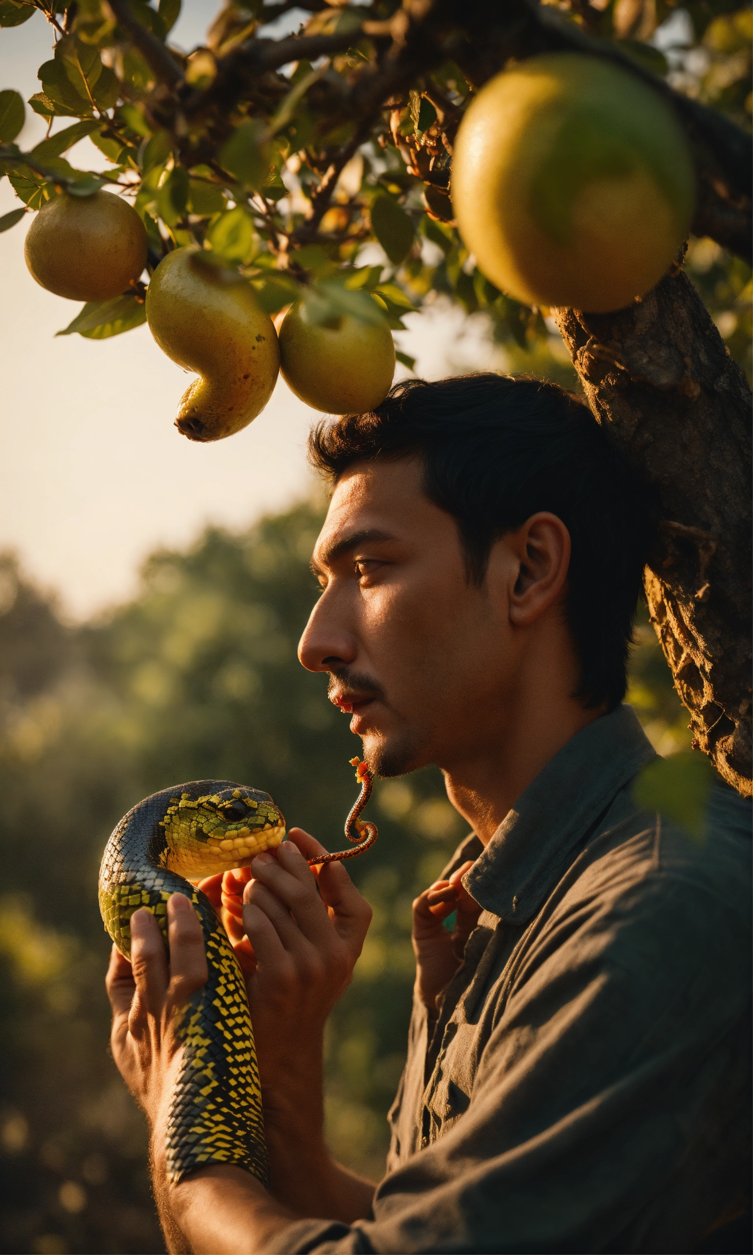 Lexica - A sad man eating an unknown fruit from a tree, a snake ...