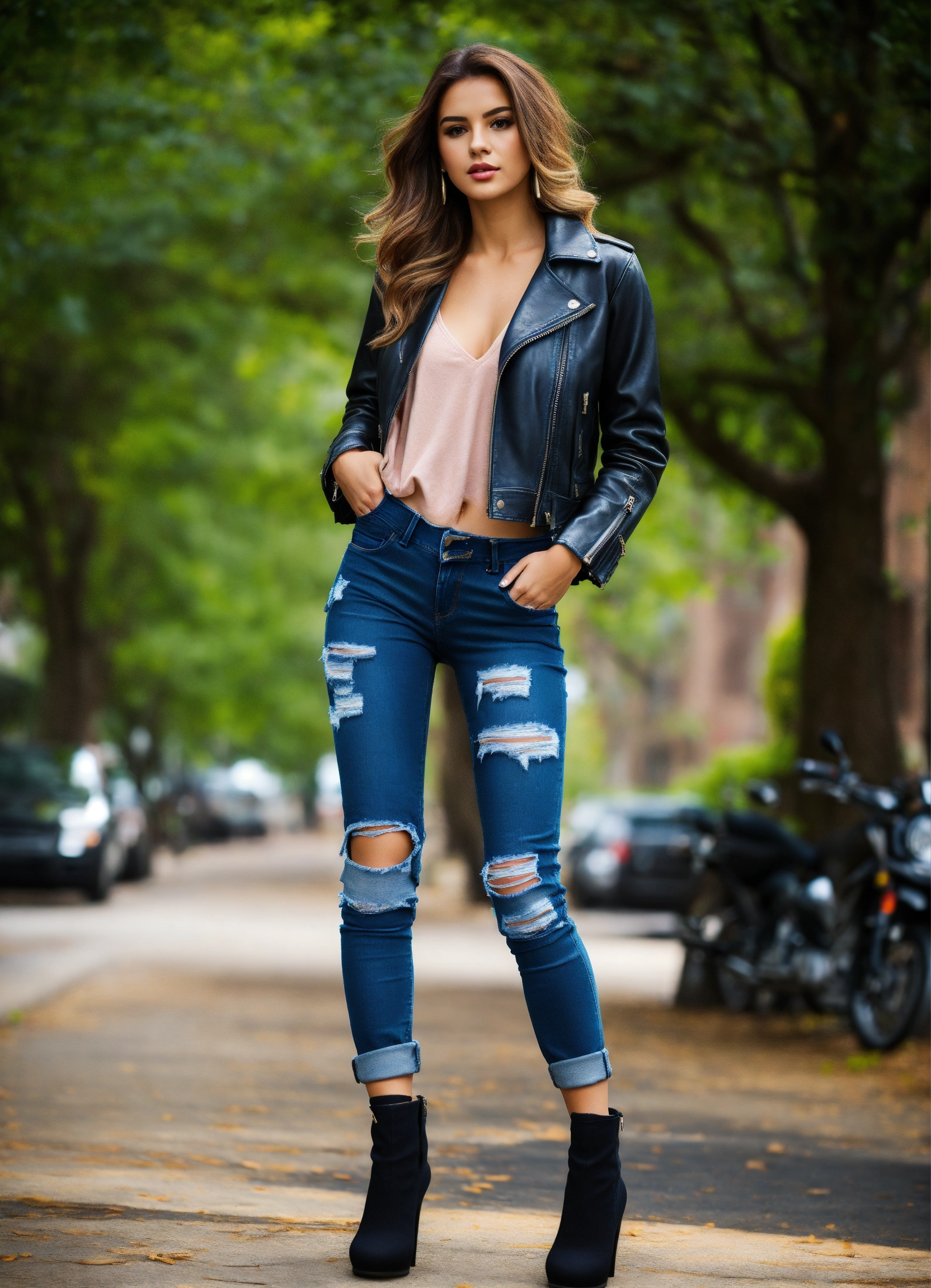 Lexica - Stunning jeans babe with leather jacket and ripped jeans