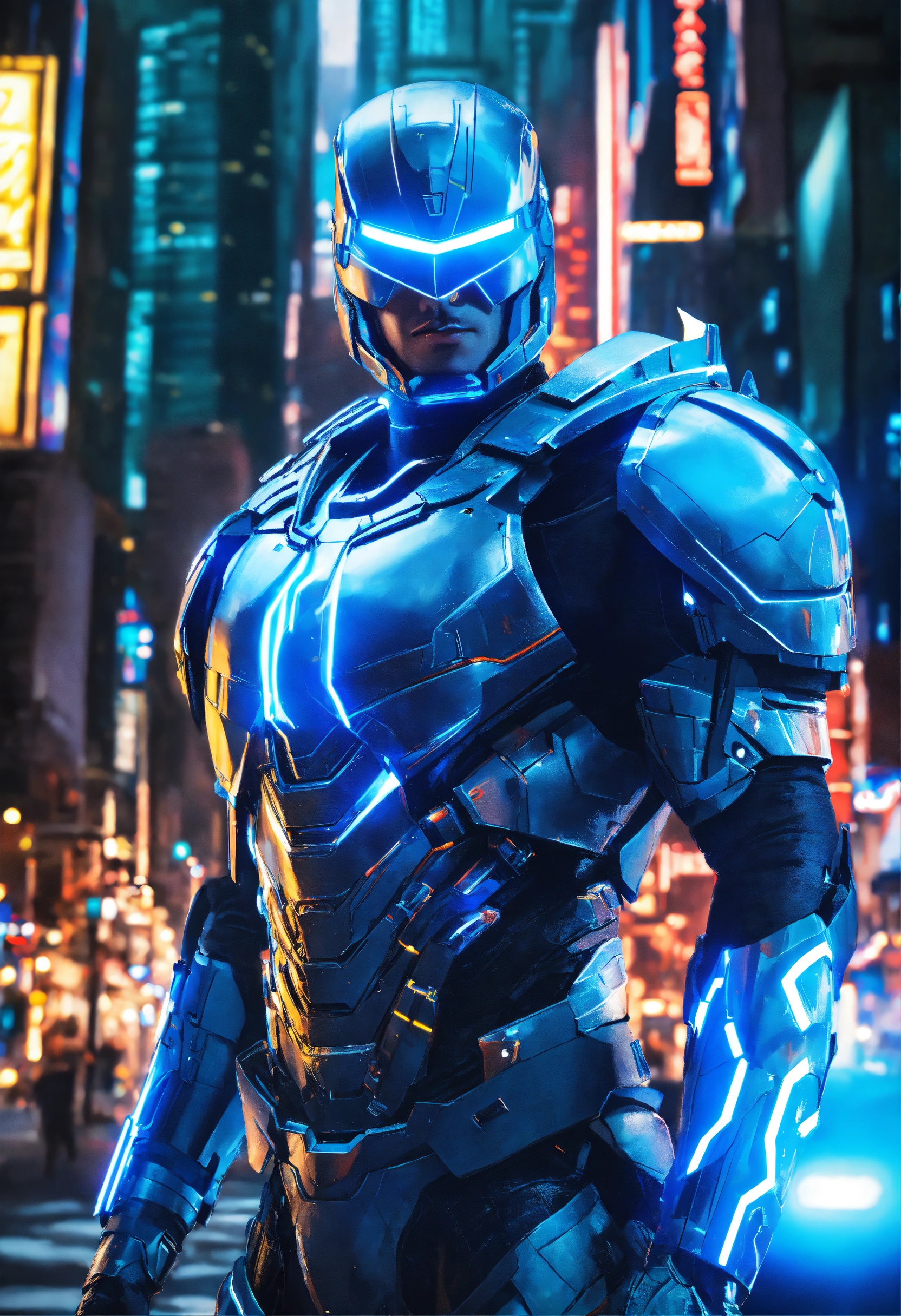 Lexica - Futuristic superhero, wearing a sleek suit of armor, neon blue ...