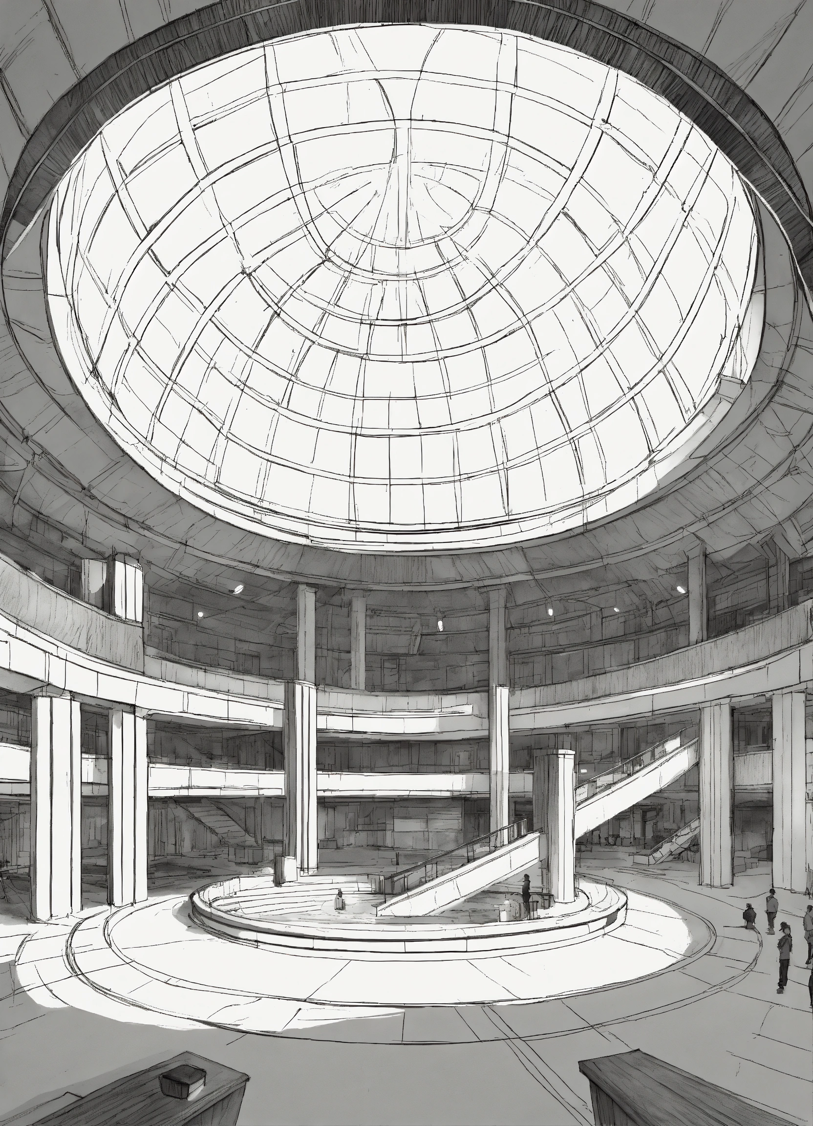 Lexica - A black and white sketch of an indoor spherical room, massive ...
